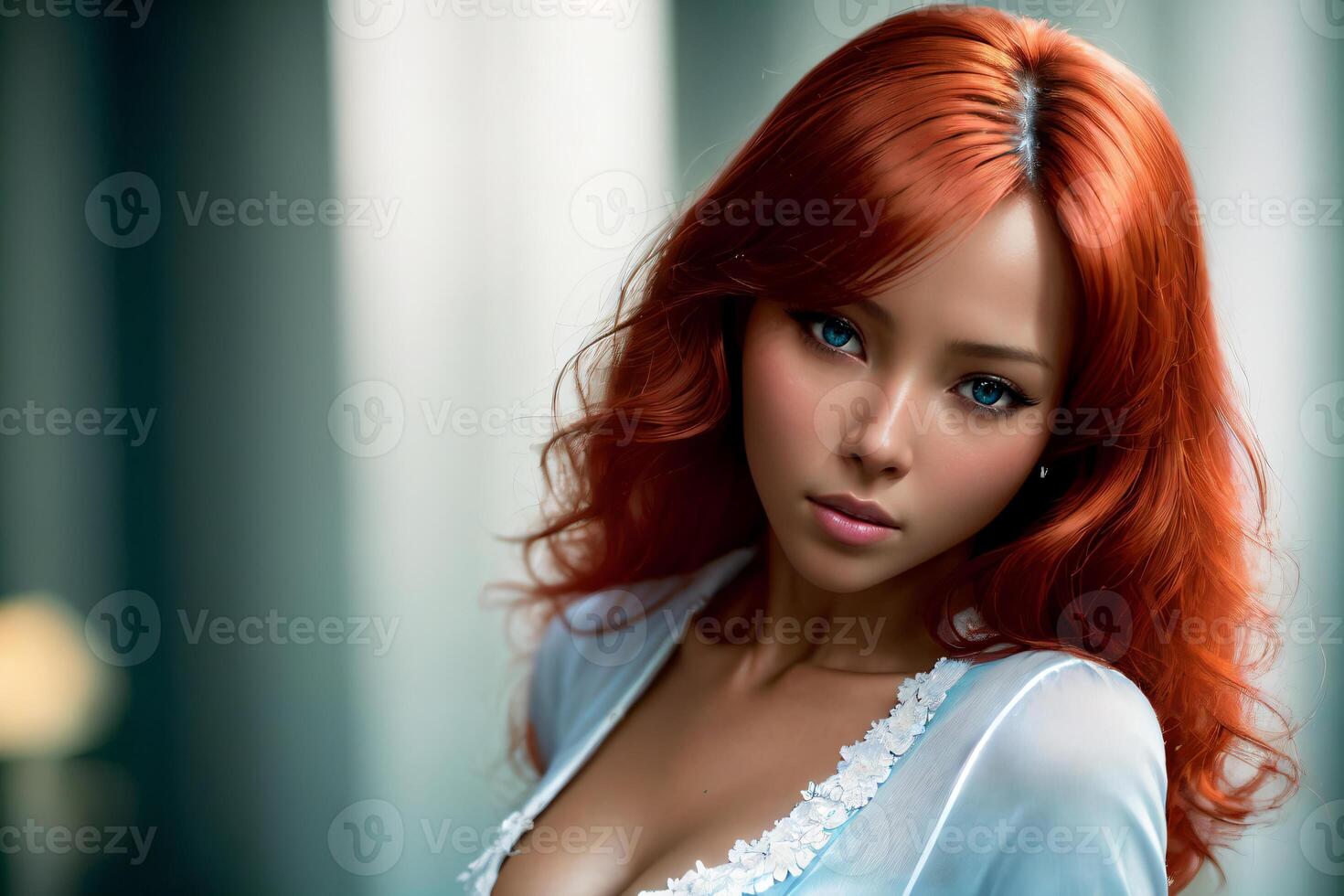 A Beautiful Woman With Red Hair And Blue Eyes Poses For A Picture In A