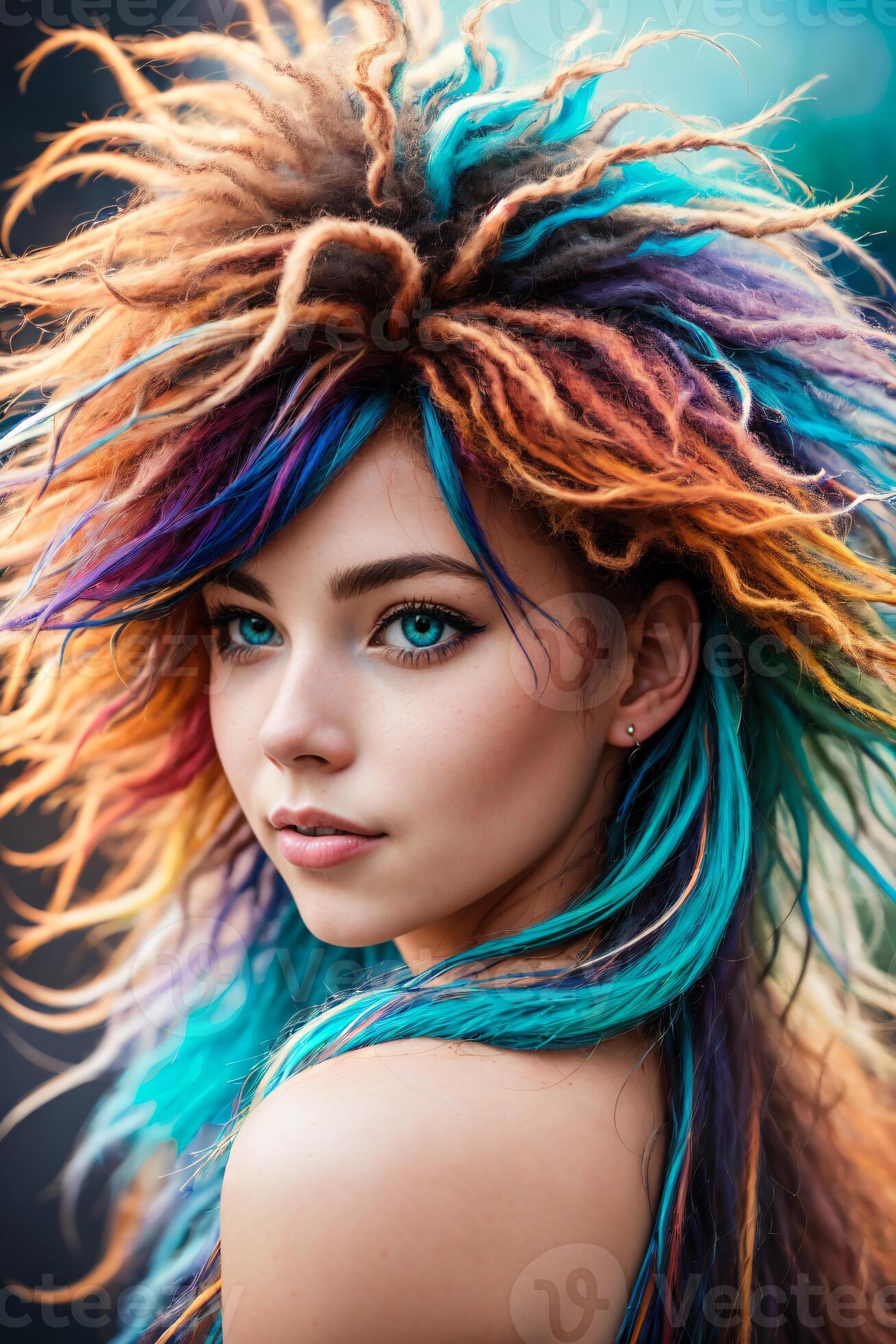 Young beautiful woman with long bright multi-colored hair looks at the camera with a serious ...