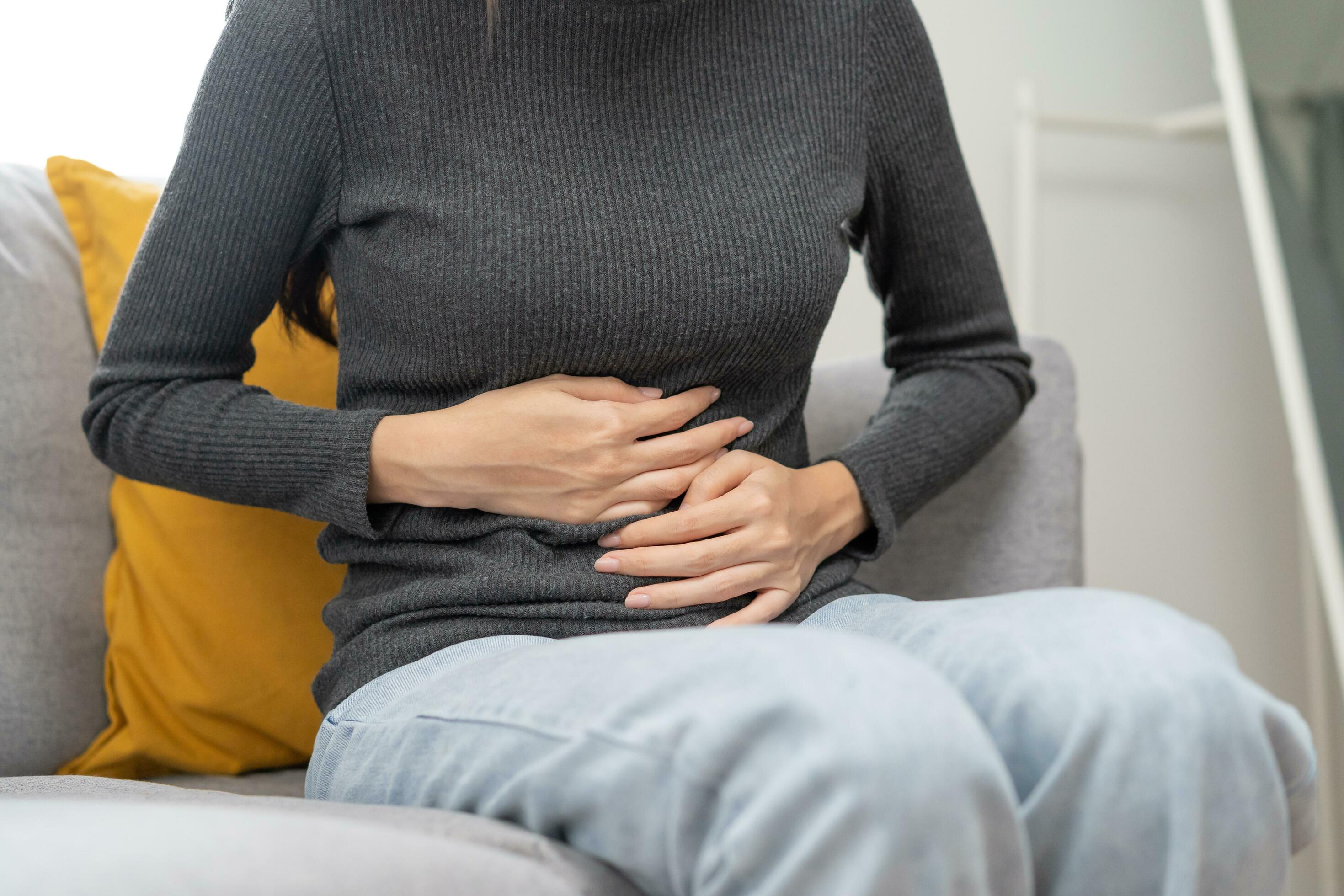 Flatulence Asian Young Woman Girl Hand In Stomach Ache Suffer From