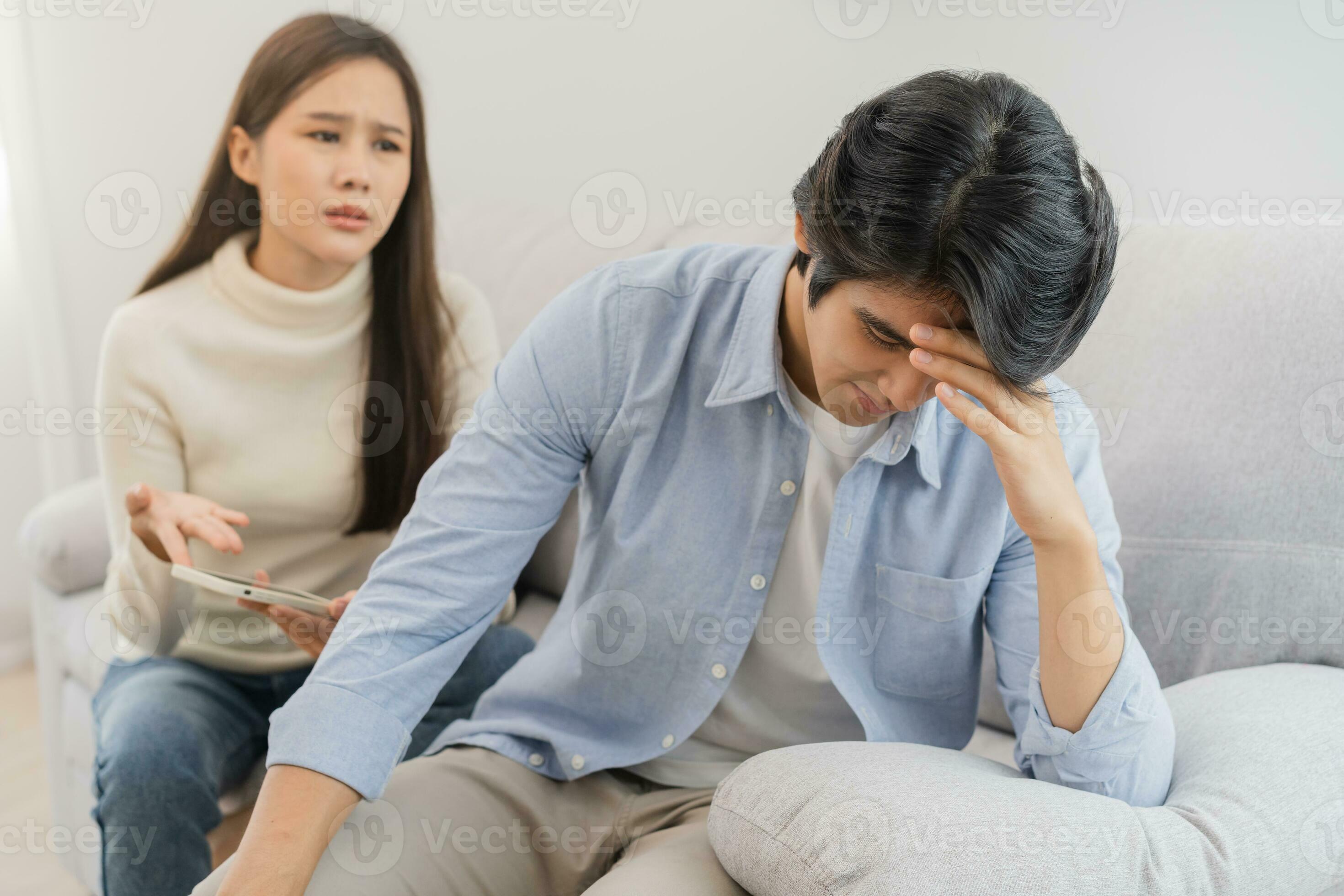 Infidelity, suspicion asian young couple love fight relationship, wife ...