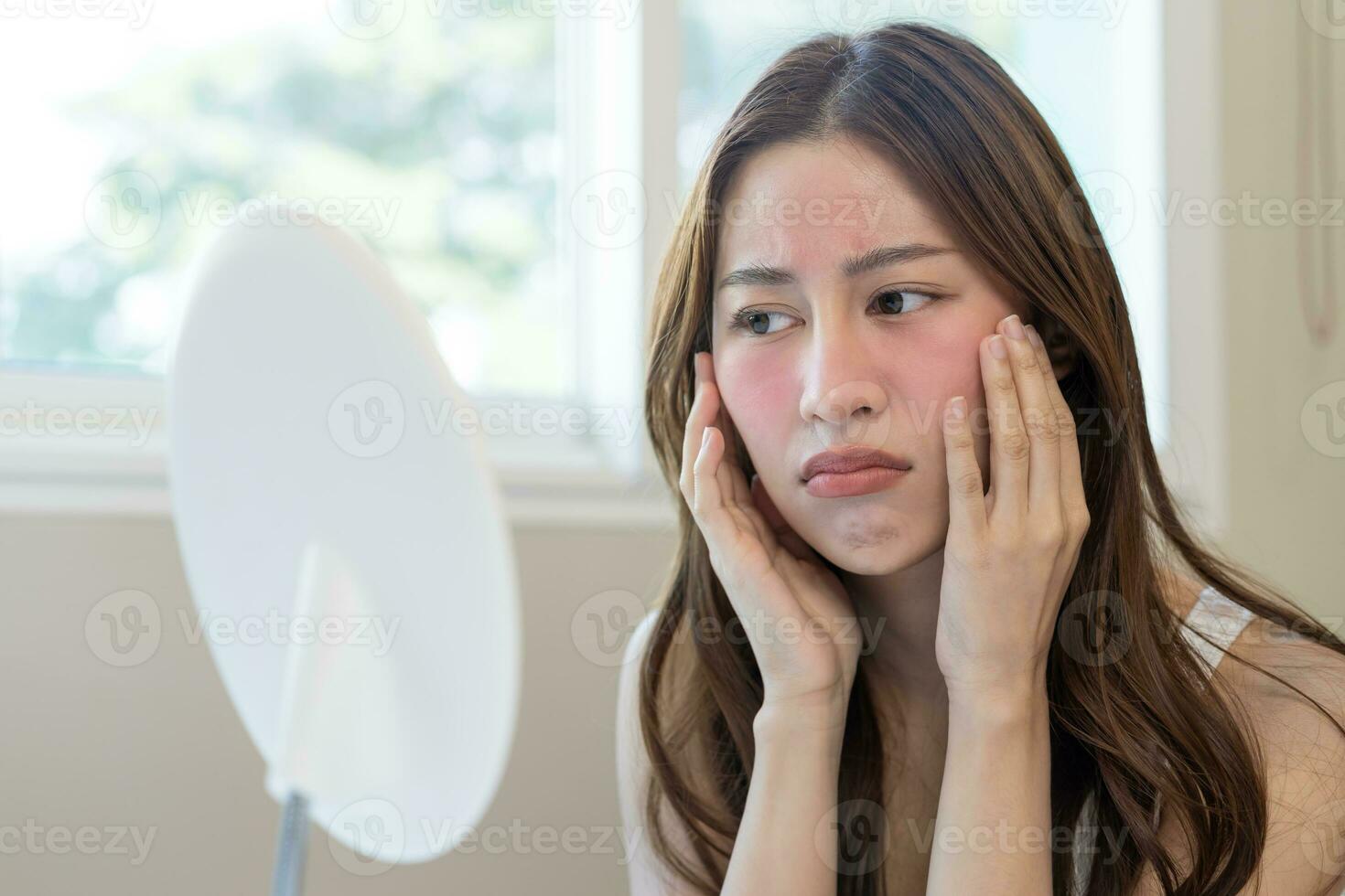 Dermatology Puberty Asian Young Woman Girl Looking Into Mirror