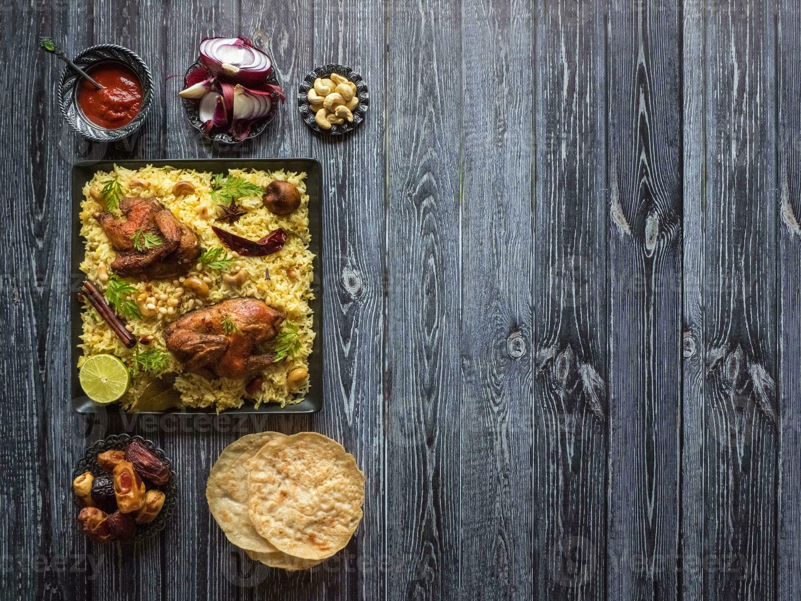 Arab- Mandi Rice. Yemenis style. Festive dish with baked chicken and ...
