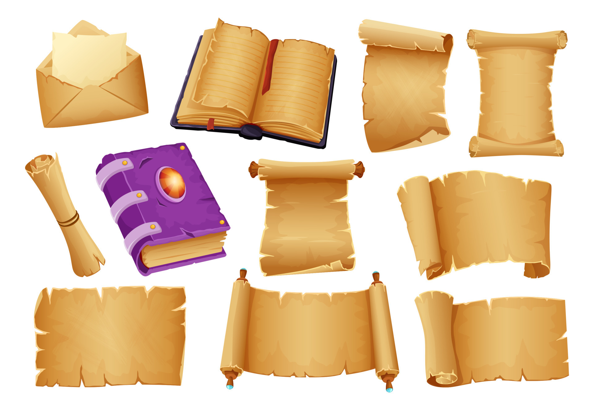 Cartoon ancient books and parchment scrolls, old papyrus rolls ... Cartoon ancient books and parchment scrolls, old papyrus rolls ...