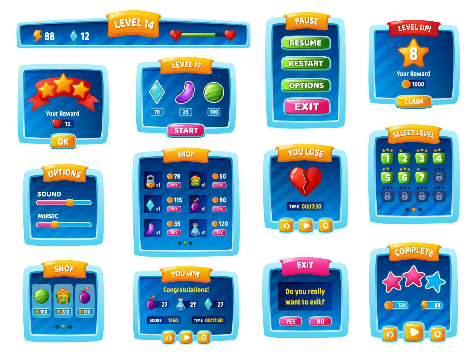 Casual game menu and popup windows, cartoon gaming app ui elements ...