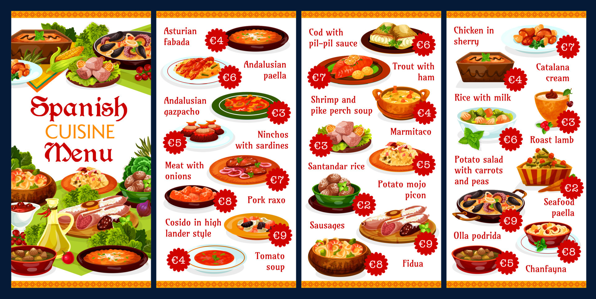 Spanish cuisine food menu or tapas, paella seafood 23838924 Vector Art ...