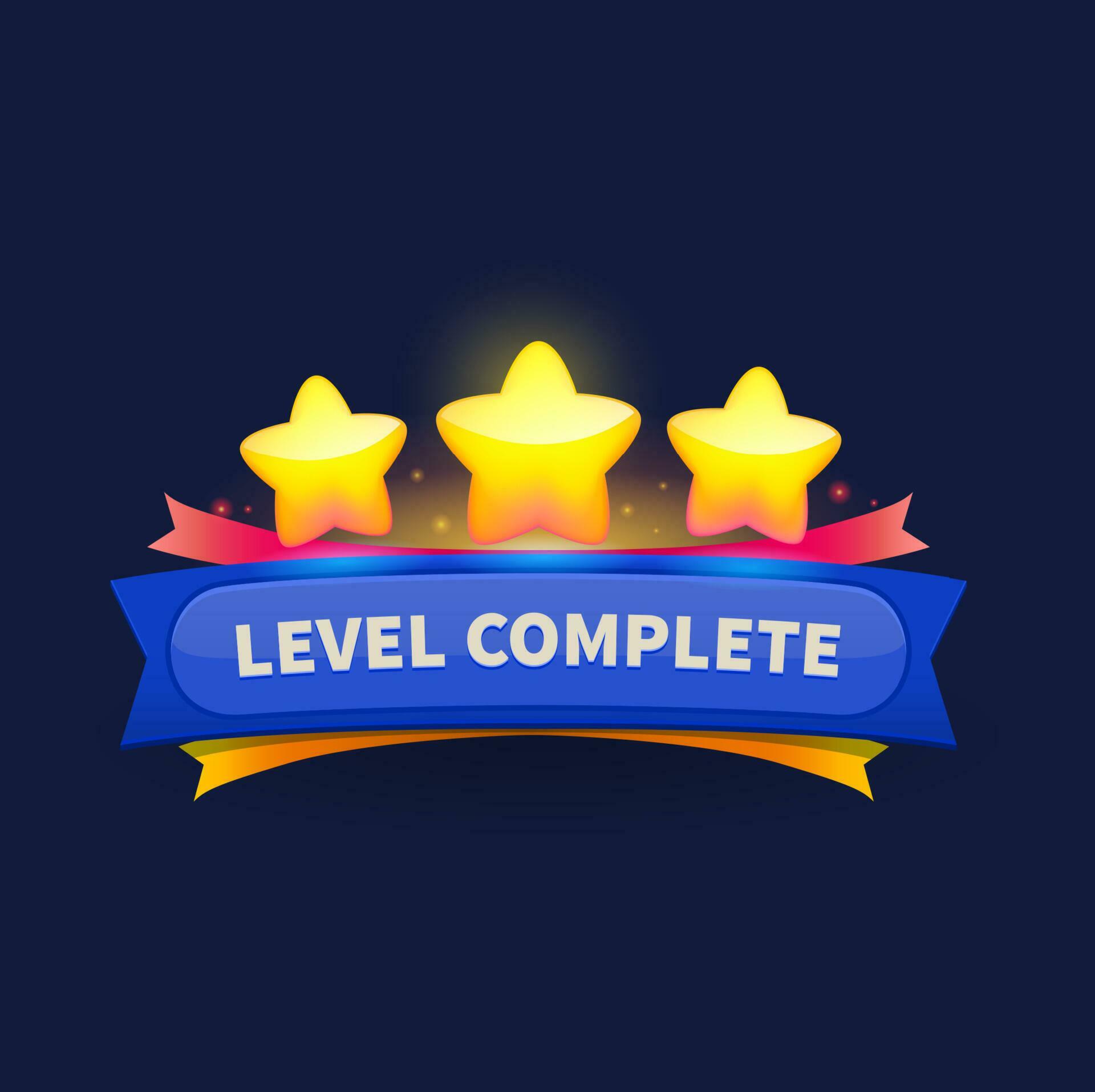 Game level complete badge or icon with gold stars 23839613 Vector Art at Vecteezy