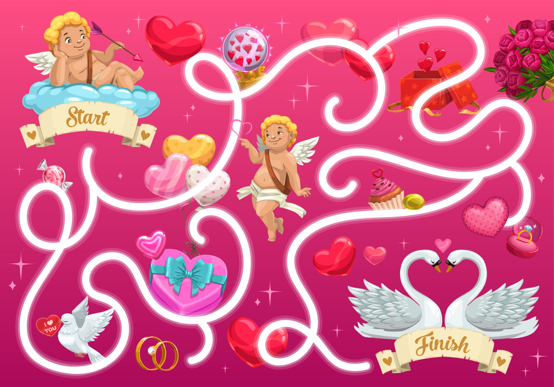 Kids maze game with Valentines day cupids, vector 23841529 Vector Art ...