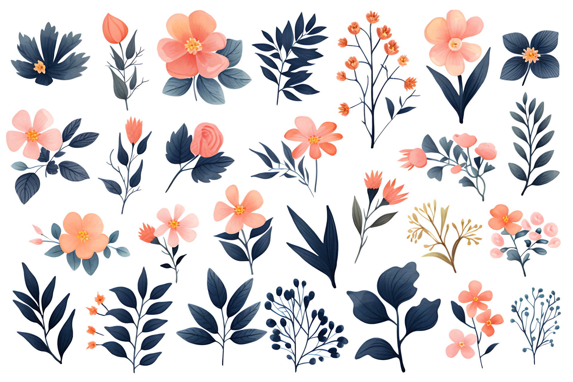 Beautiful Set Watercolor Flower And Leaves Element Collection 23842045 Png