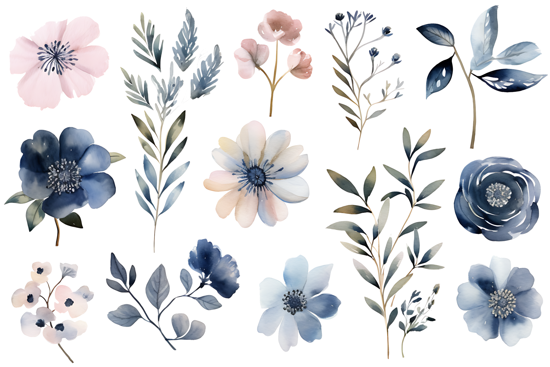 Beautiful Set Watercolor Flower And Leaves Element Collection Ai