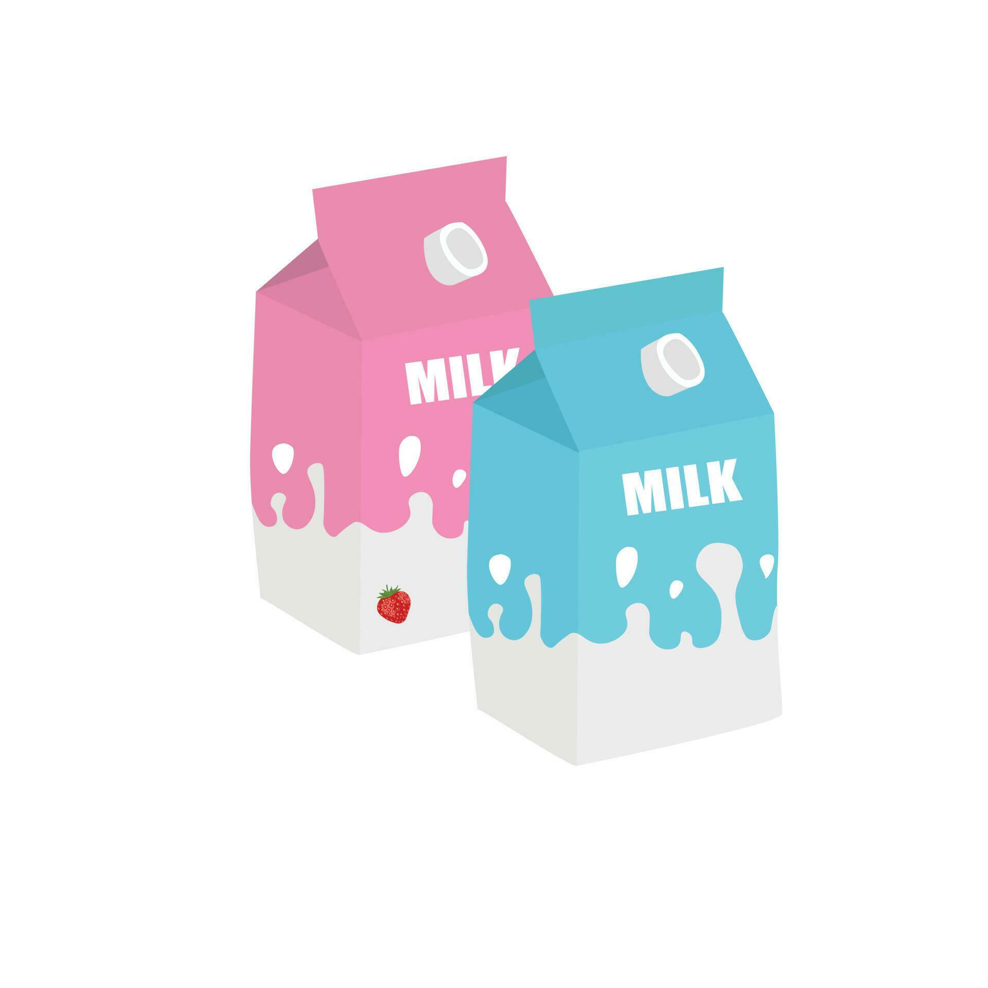 Milk box vector. Strawberry and vanilla milk boxes vector. Milk box flat vector set. Cartoon ...