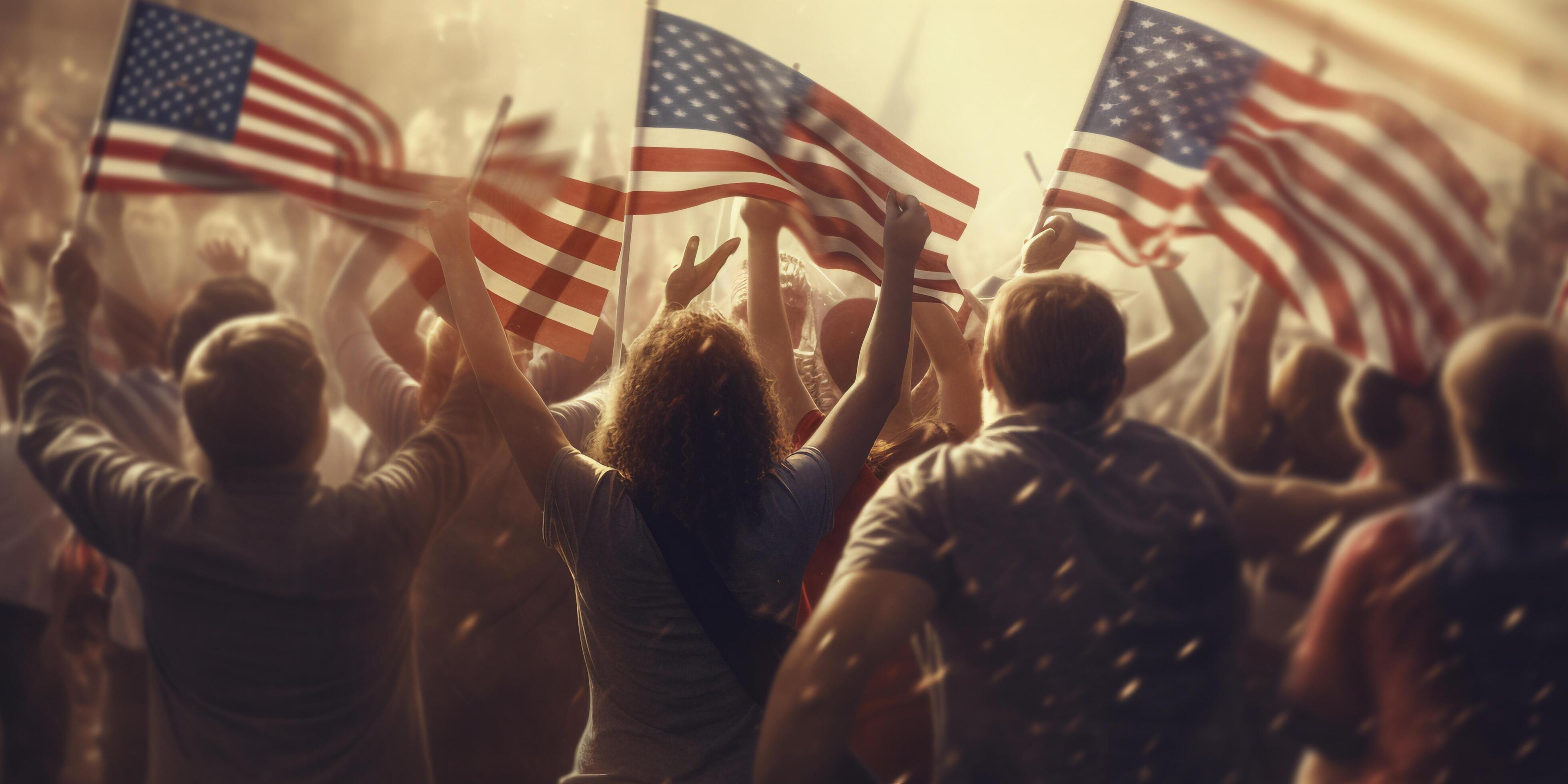 Crowd of people with american flag in the street with . 23847252 Stock ...