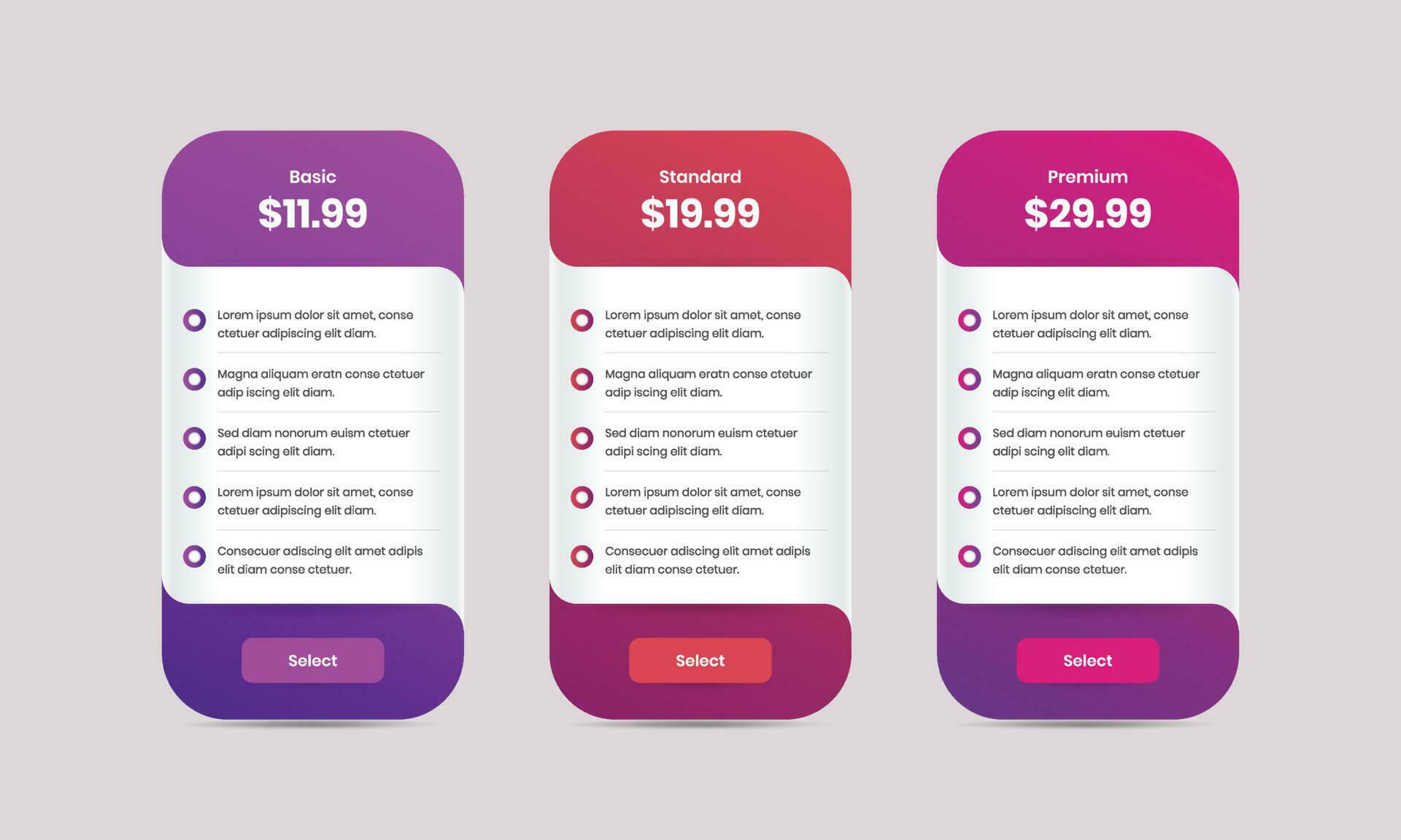 Professional pricing comparison table design with colorful gradient for business and service ...