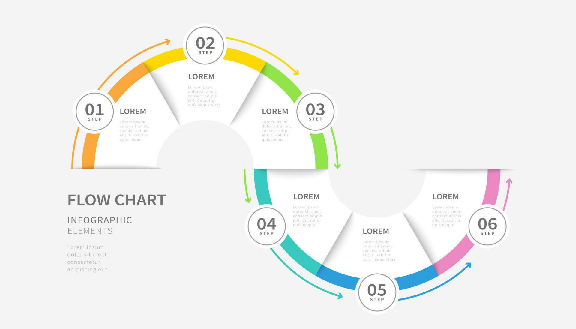 Flow chart infographic elements with two semicircles and six steps ...