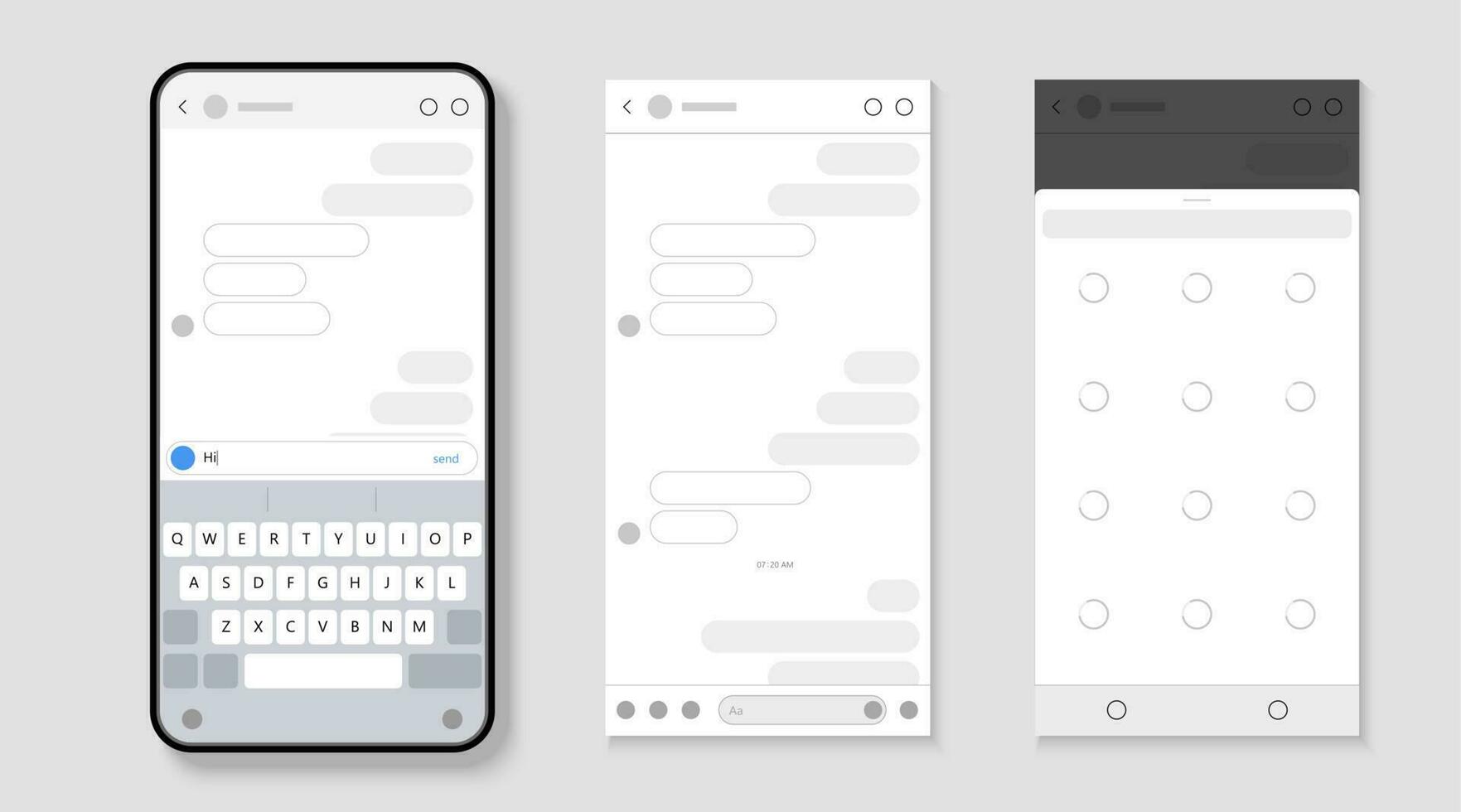 SMS interface mockup on smartphone with speech bubbles, keyboard and ...