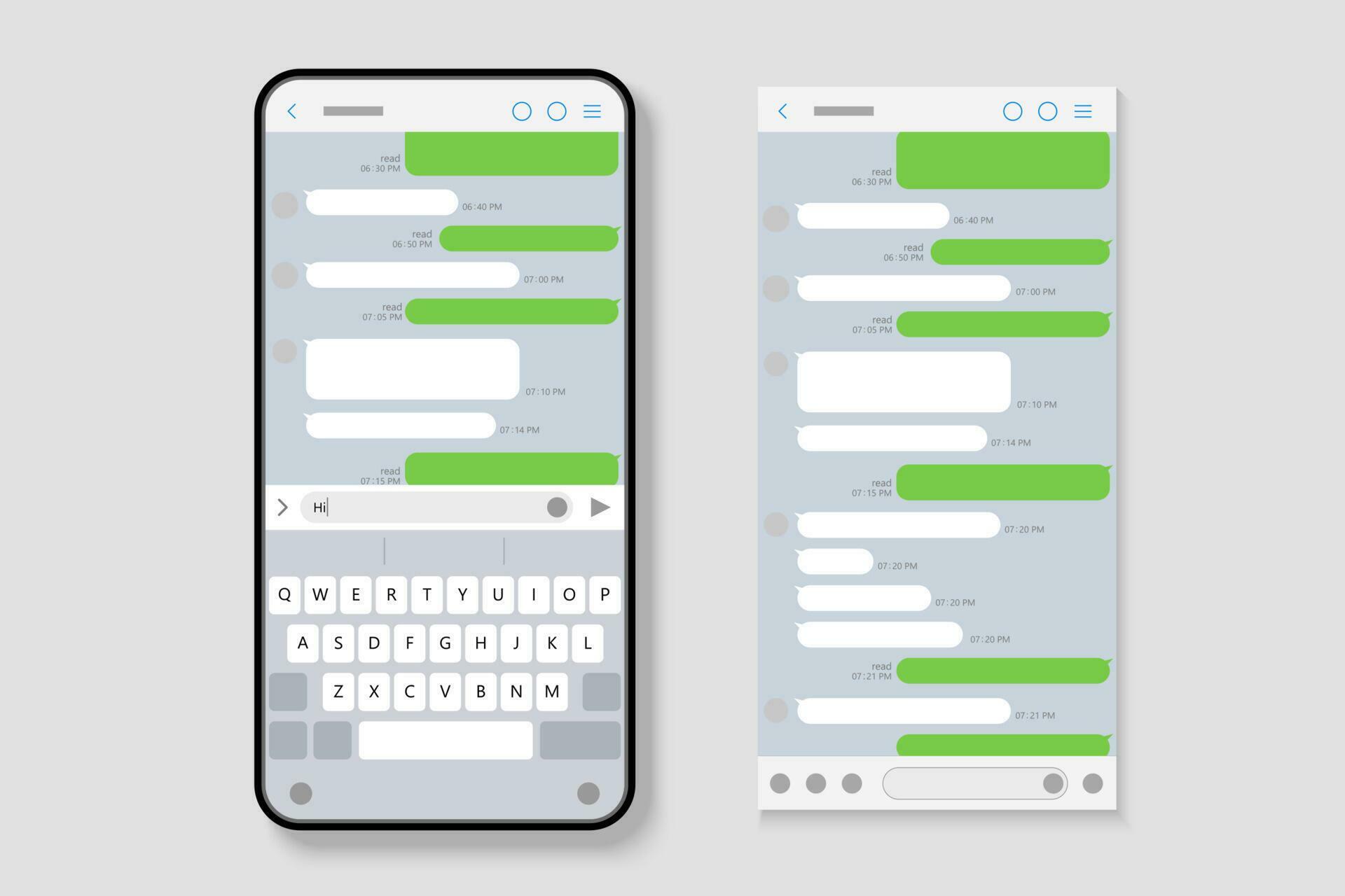 SMS interface mockup on smartphone with speech bubbles and keyboard ...