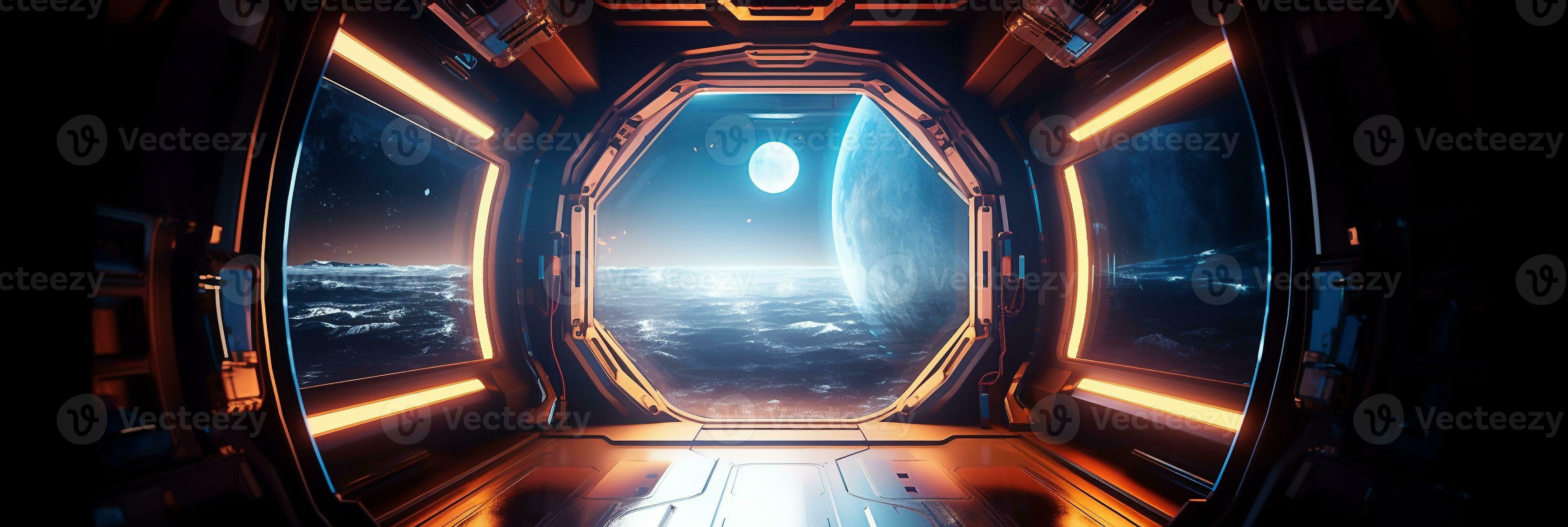 Dark spaceship interior with glowing blue and red lights. Futuristic spacecraft with large ...