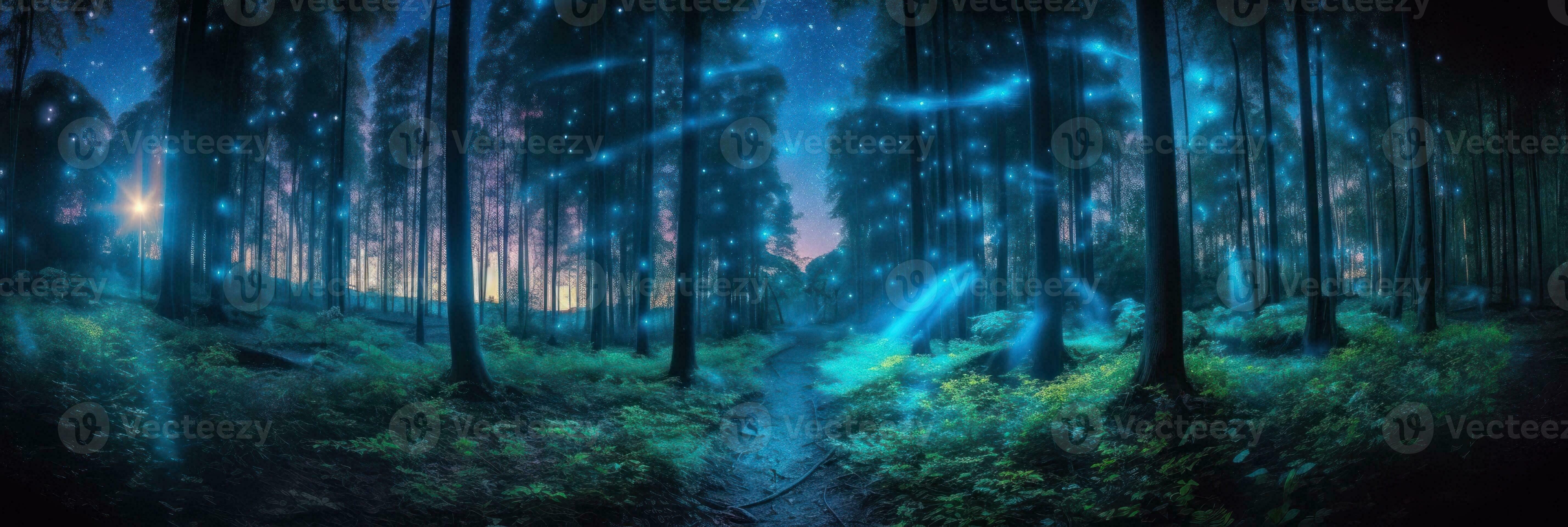 Dark blue fantasy forest fairytale with abstract fireflies bokeh background. 3d rendered ...