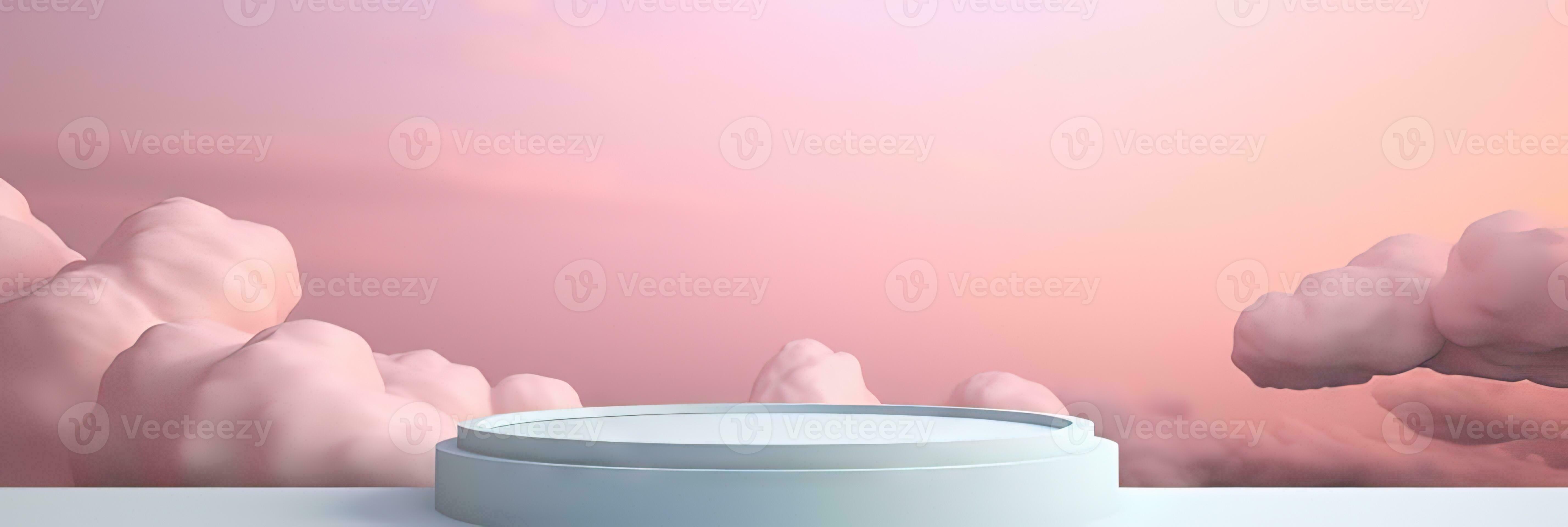 Surreal podium outdoor on blue sky pink gold pastel soft clouds with space. 3d blender ...