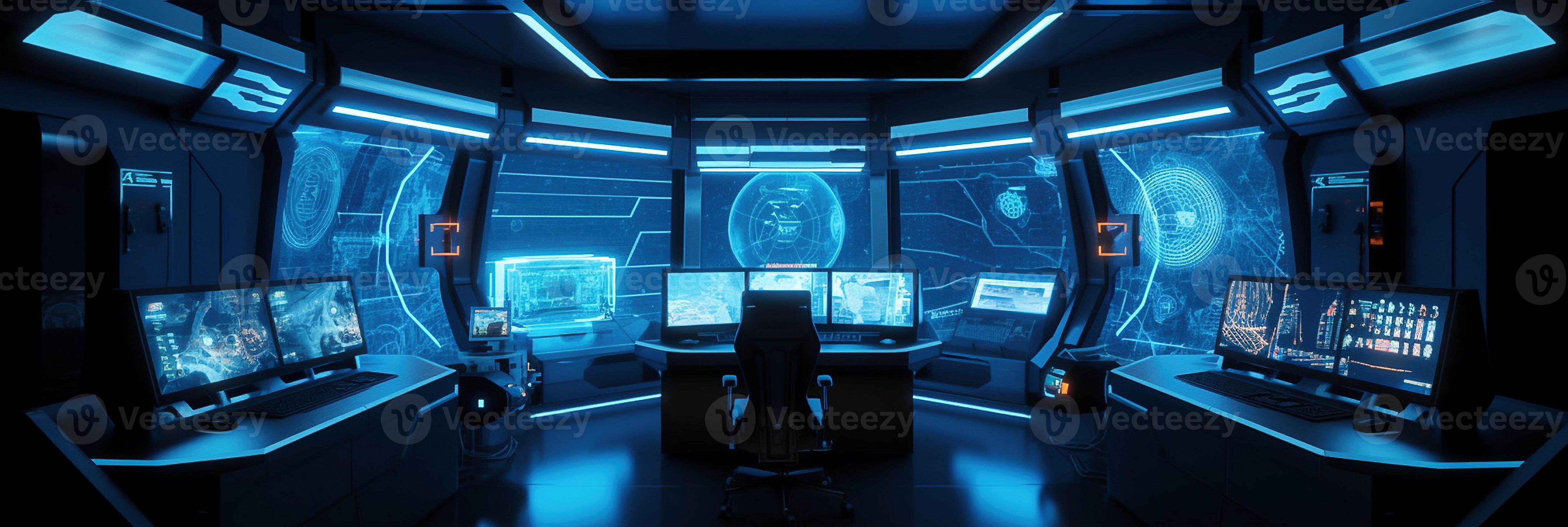 Command center interior banner. 3d room with neon light. Sci-fi concept ... Command center interior banner. 3d room with neon light. Sci-fi concept ...