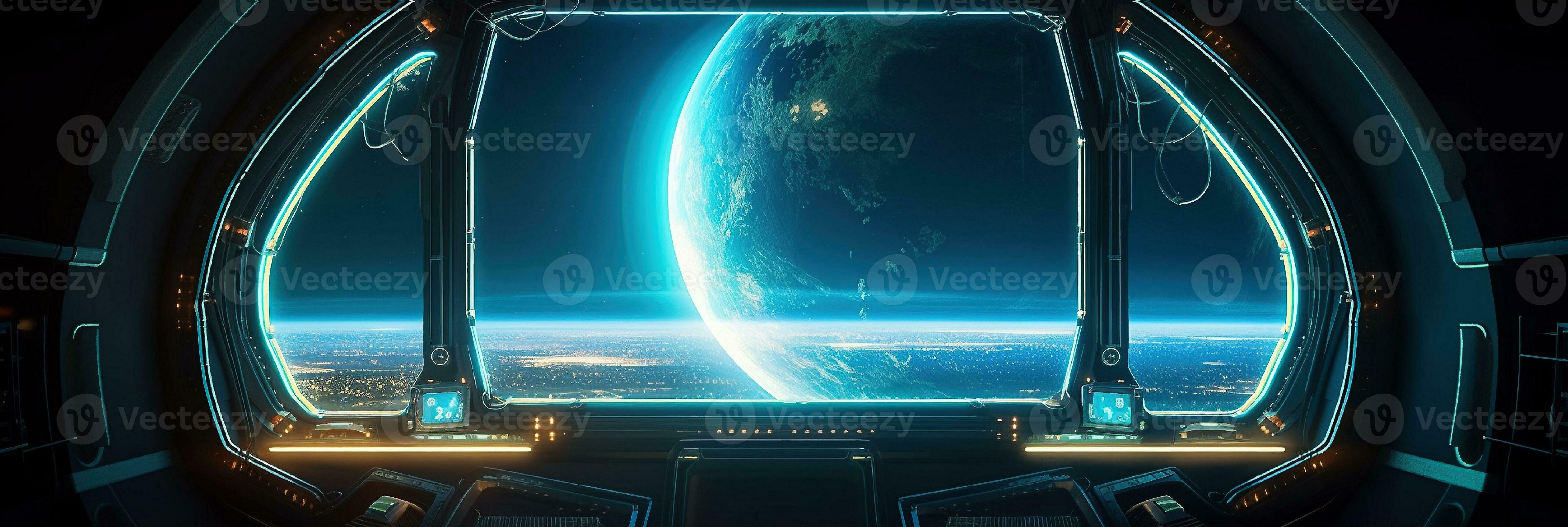 Dark spaceship interior with glowing blue and red lights. Futuristic spacecraft with large ...