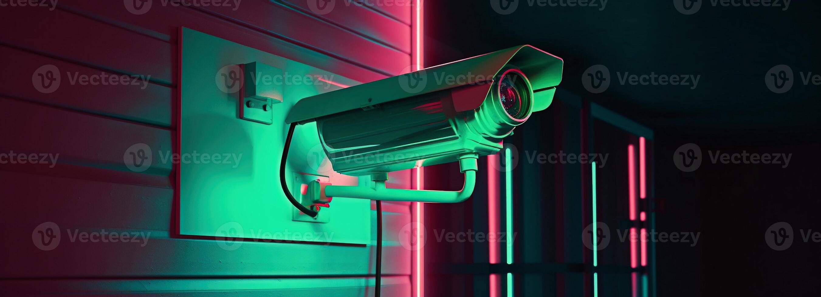 Modern CCTV camera on a wall. A neon light night cityscape background ... Modern CCTV camera on a wall. A neon light night cityscape background ...