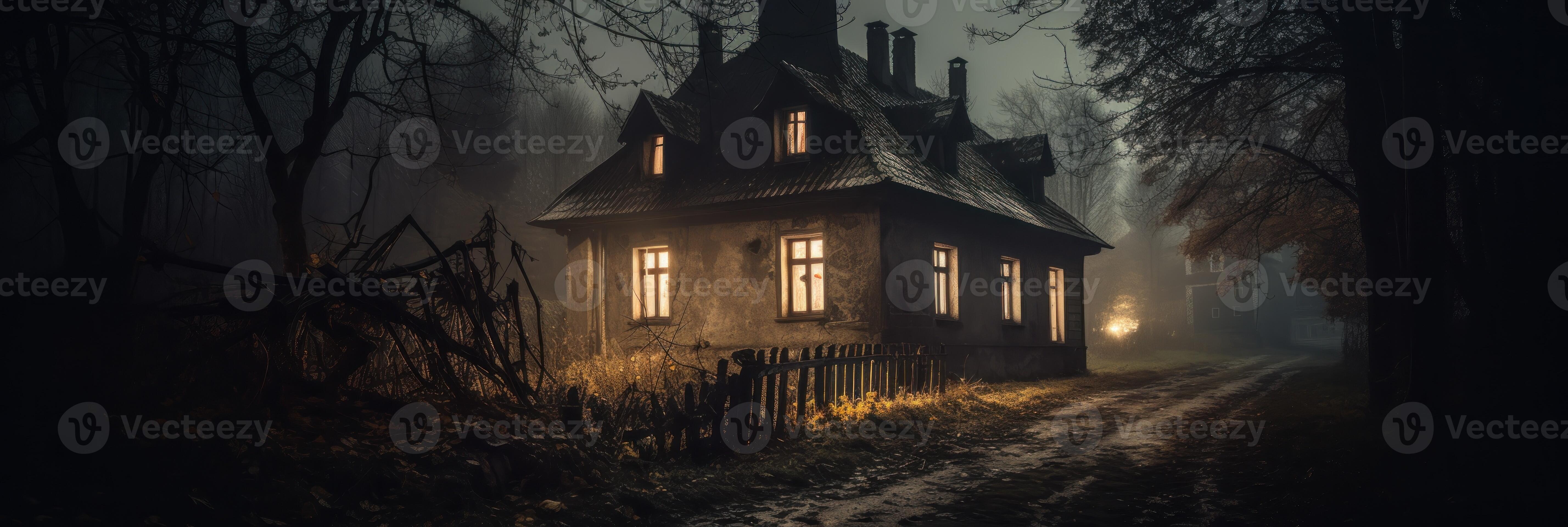 Creepy old house in black and white hidden in the forest with a full moon background. Old mystic ...