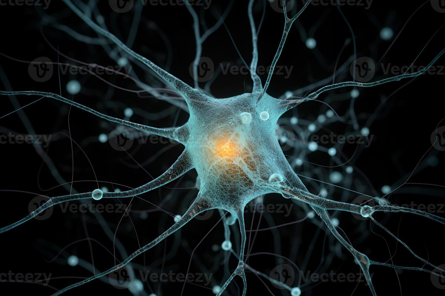 Closeup view of human neurons in brain and neuron connections in 3d ...