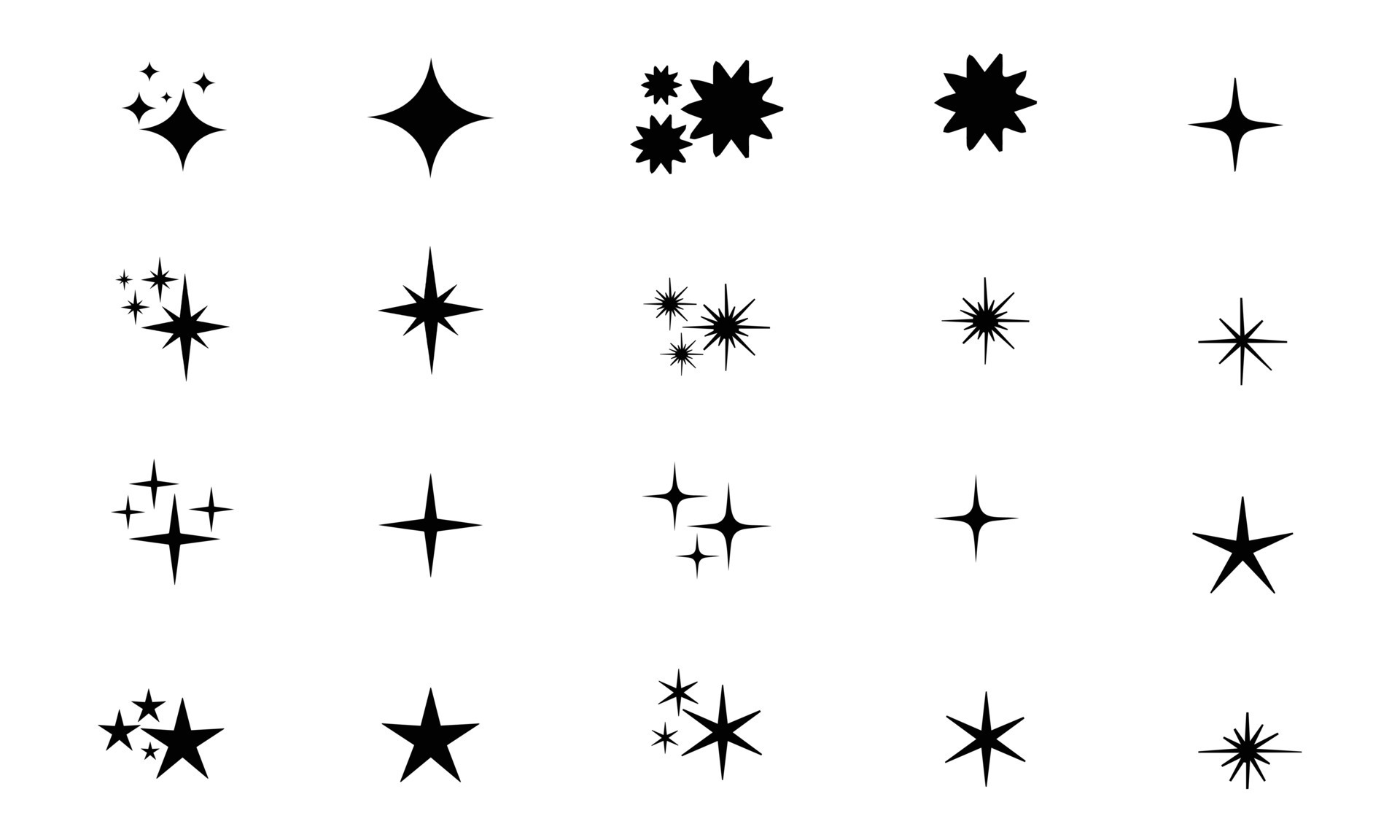 Stars sparkle compositions. Shine black stars stencil, isolated diverse sparkling elements. Sky ...