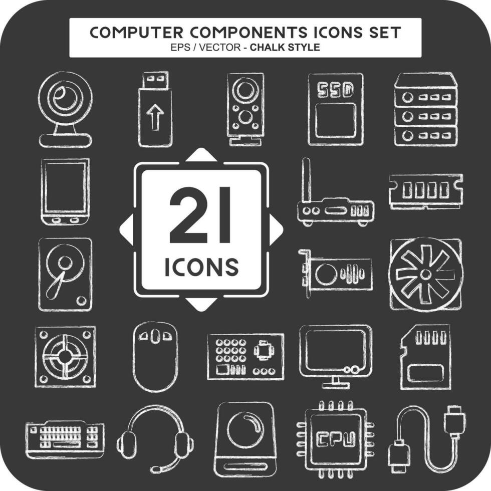 Icon Set Computer Components Suitable For Education Symbol Chalk Style Simple Design Editable
