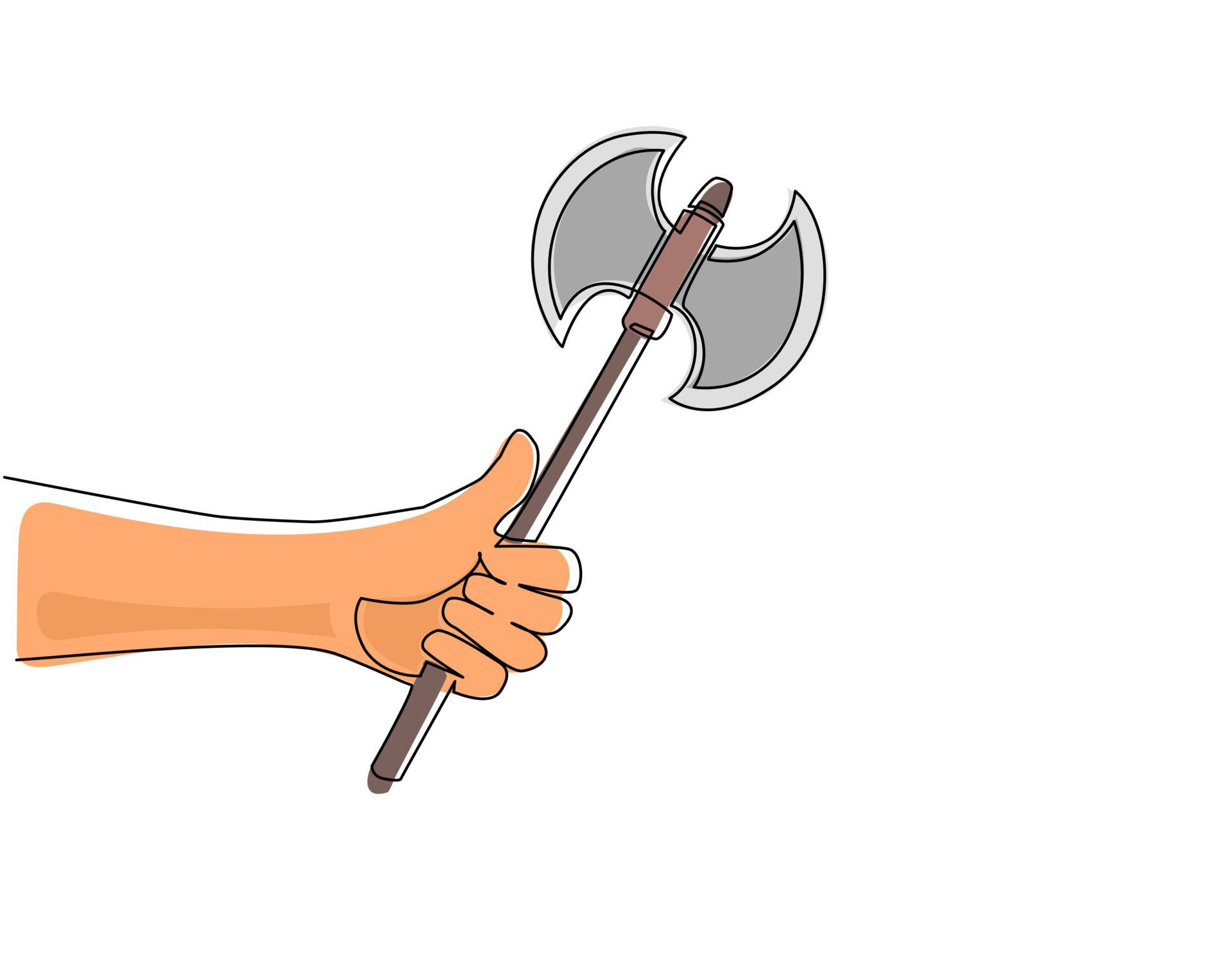 Single continuous line drawing hand holding battle axe with handle. Broad axe, two-sided axe ...