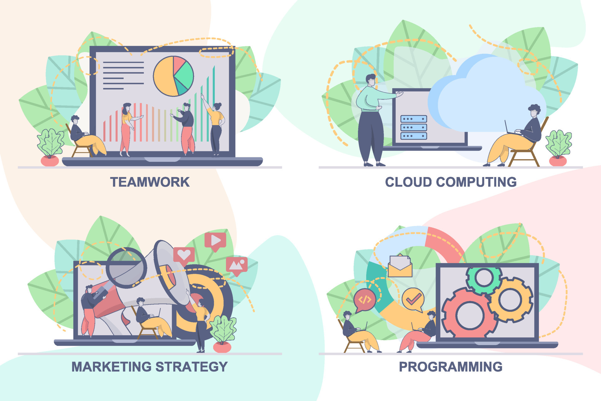 Set Of Web Page Design Templates For Cloud Computing Programming Teamwork Marketing Strategy
