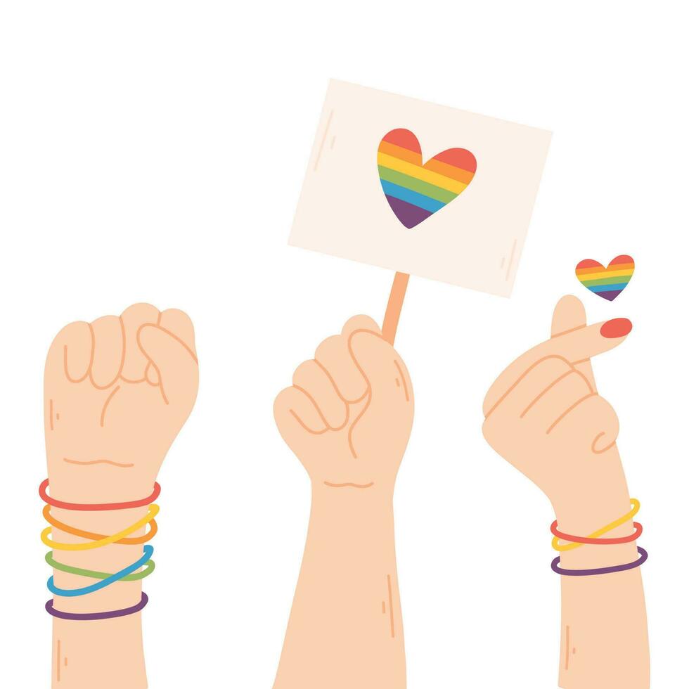 Set of LGBT hands up. Vector illustration. Flat style. Hand drawn ...