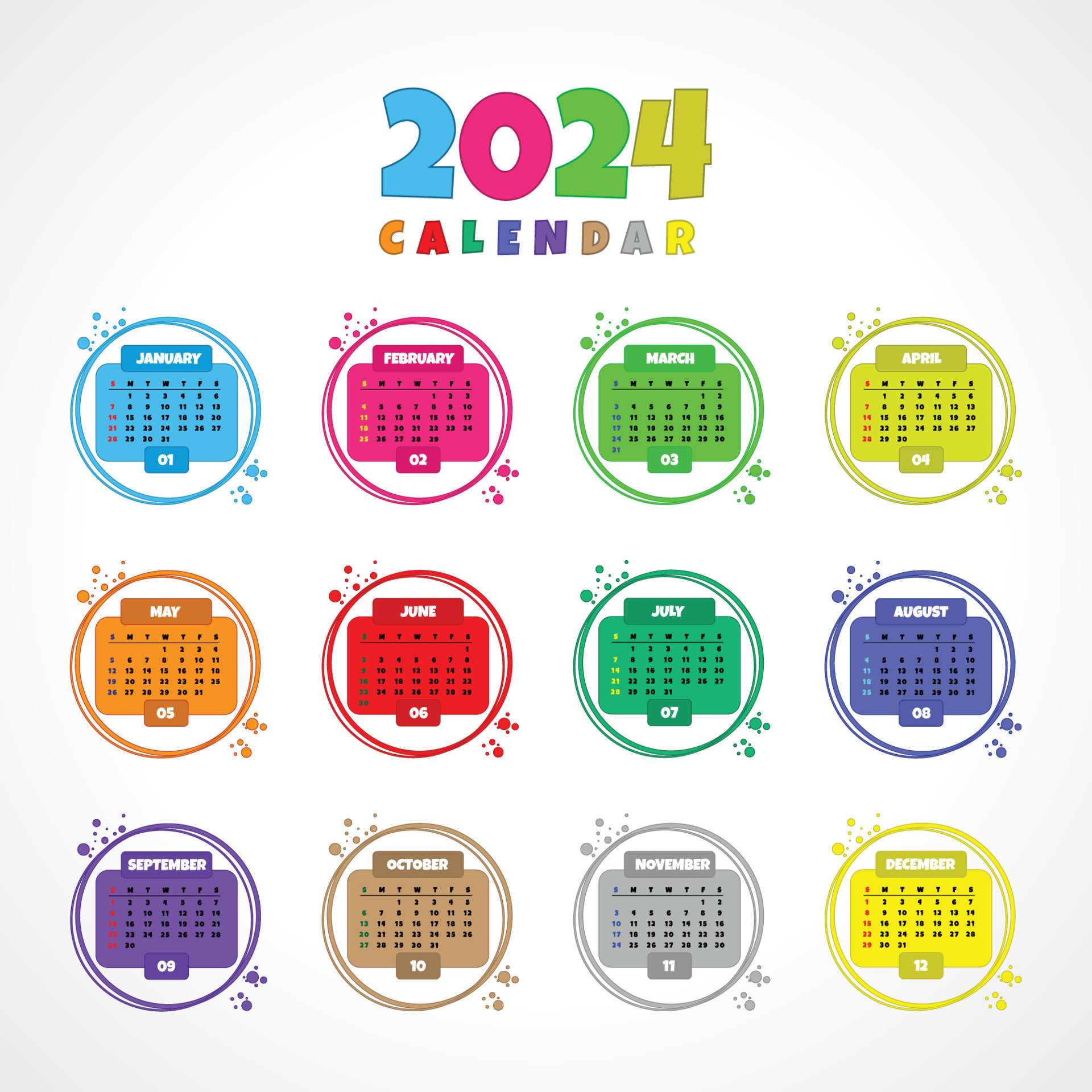 Calendar 2024 colorful cartoon style template vector illustration ... Calendar 2024 colorful cartoon style template vector illustration ...