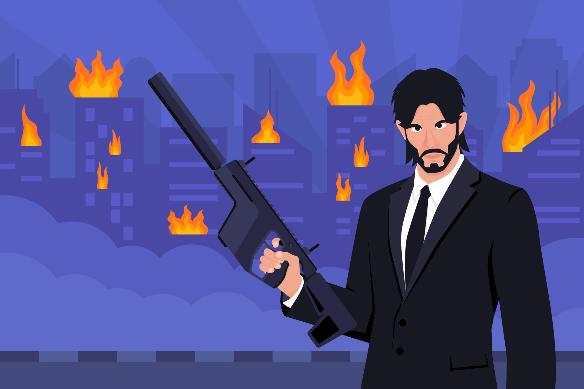 Man Holding Gun With Burning City Background 23866873 Vector Art At Vecteezy