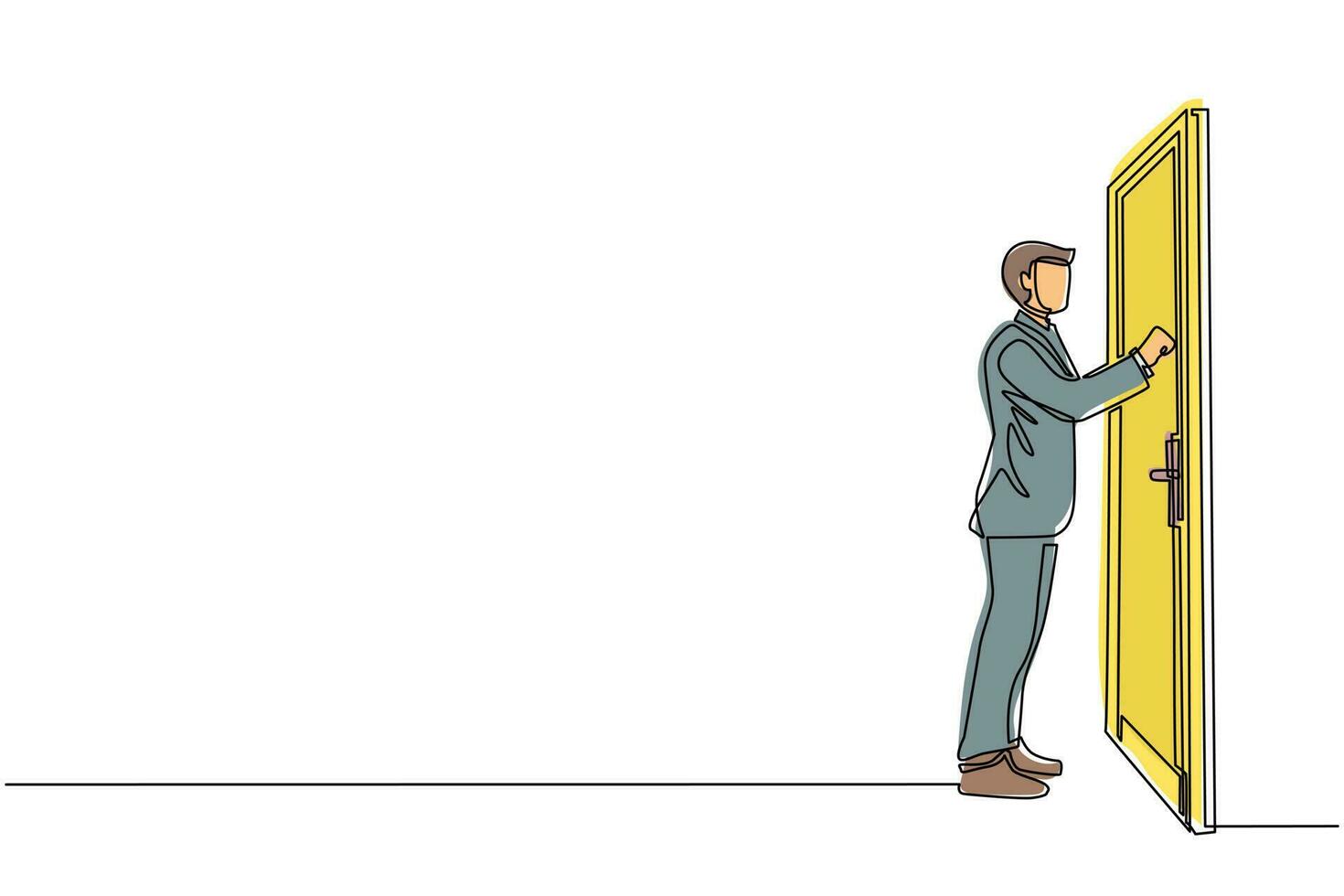Single One Line Drawing Businessman Knocking At Door Man Standing At Entrance Of Room Knocking