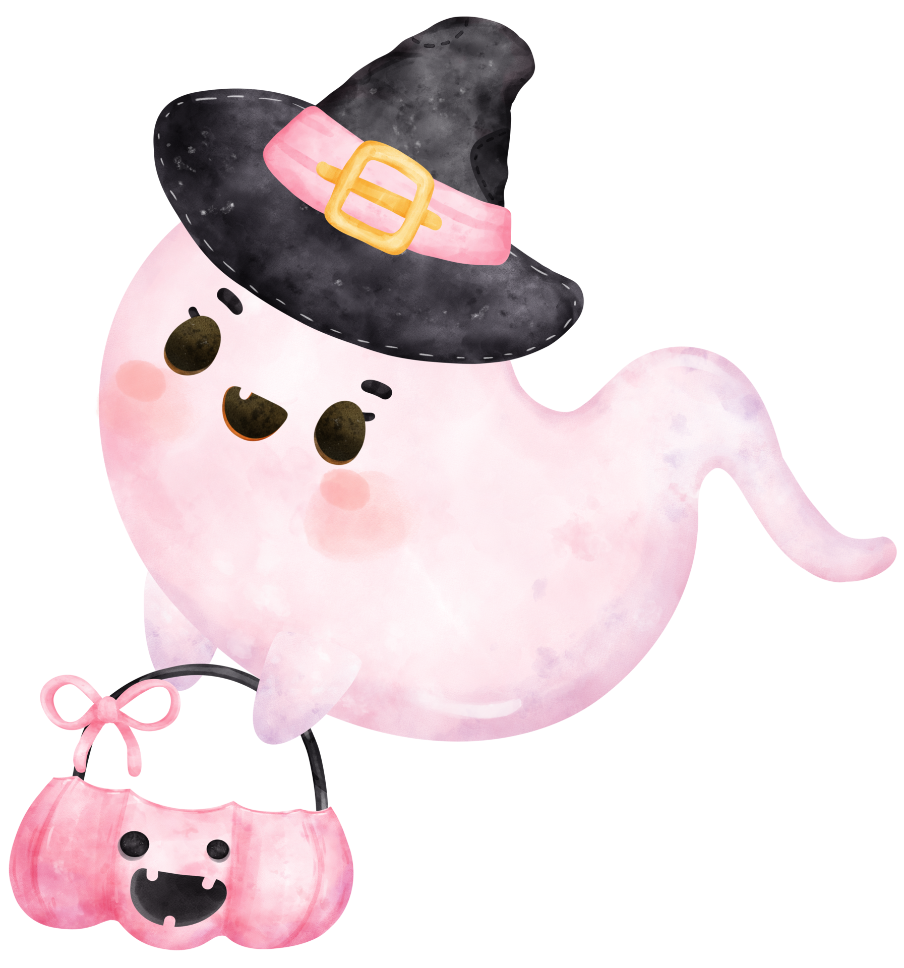 Cute Pink Ghost Halloween watercolor hand painted kawaii cartoon ...