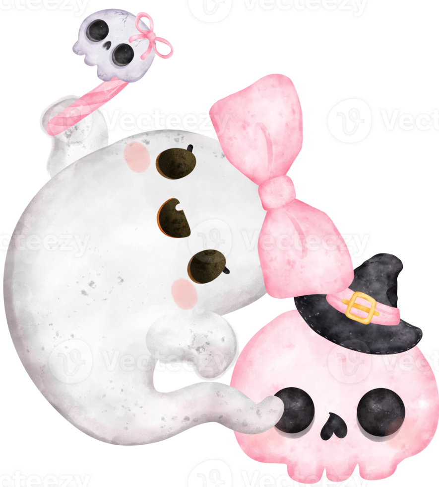 Cute Pink Ghost Halloween watercolor hand painted kawaii cartoon ...