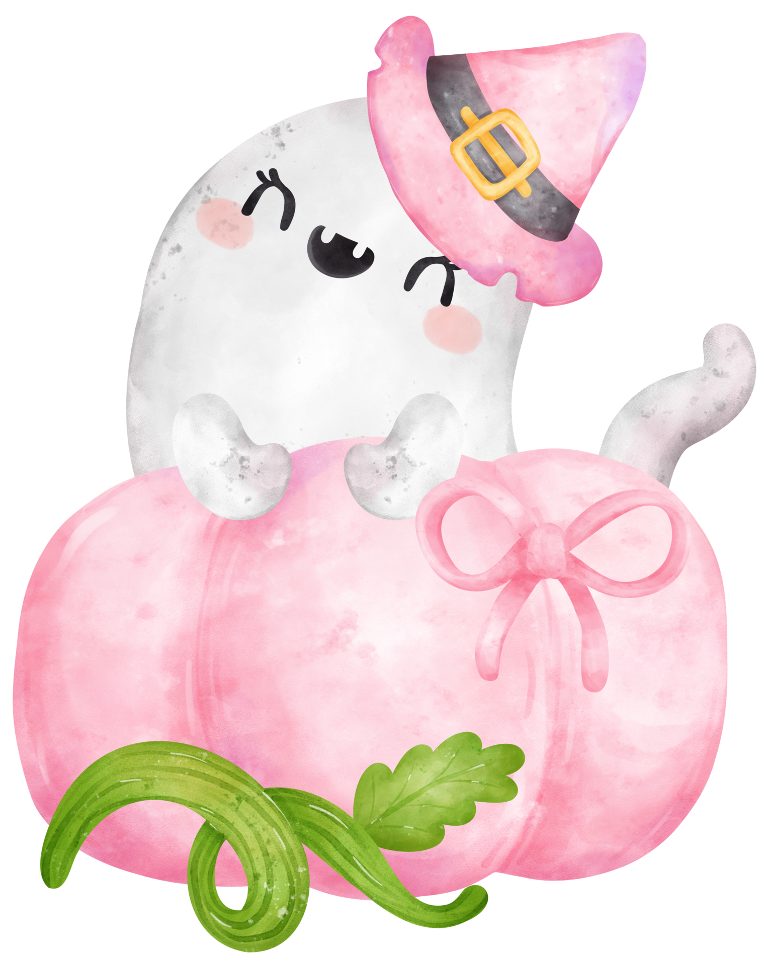 Cute Pink Ghost Halloween watercolor hand painted kawaii cartoon ...