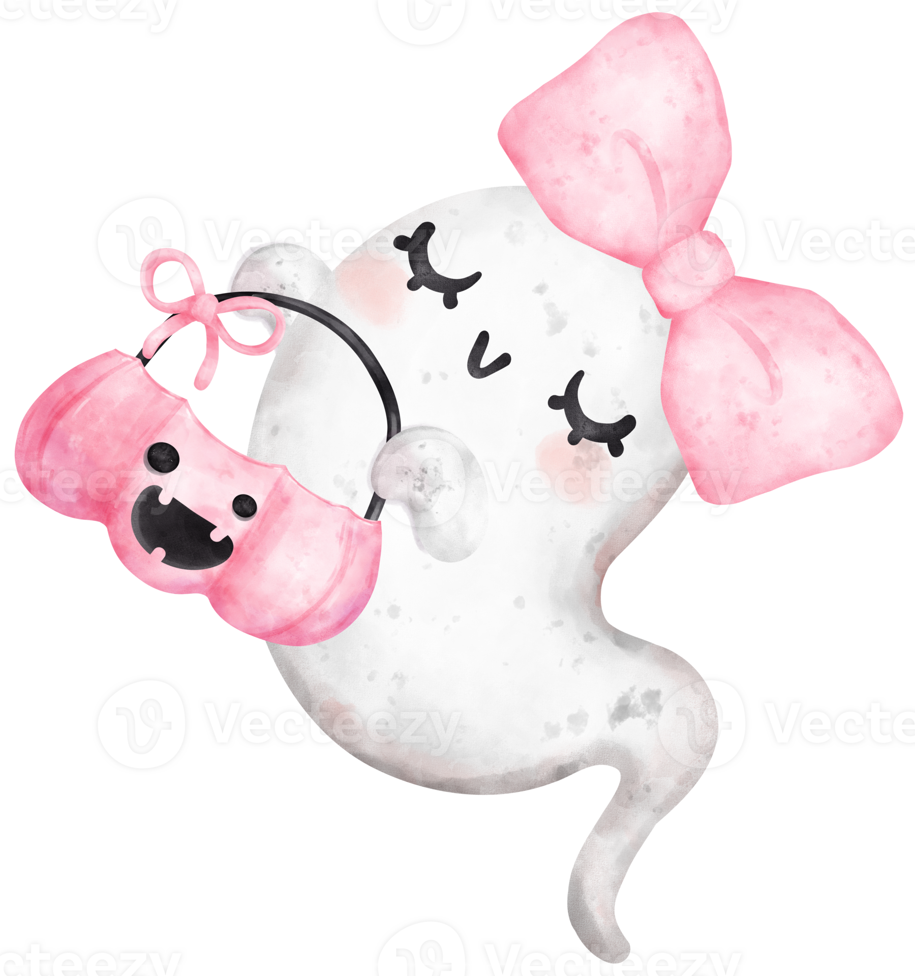 Cute Pink Ghost Halloween watercolor hand painted kawaii cartoon ...