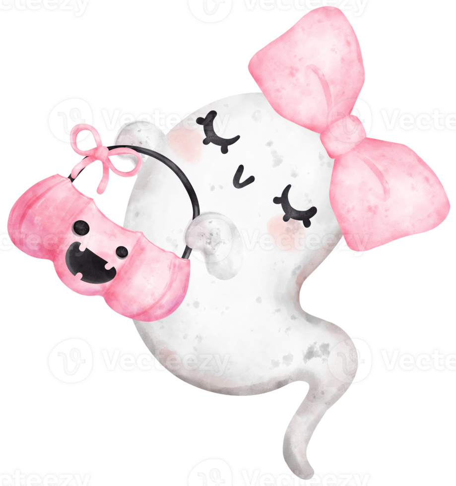 Cute Pink Ghost Halloween watercolor hand painted kawaii cartoon ...