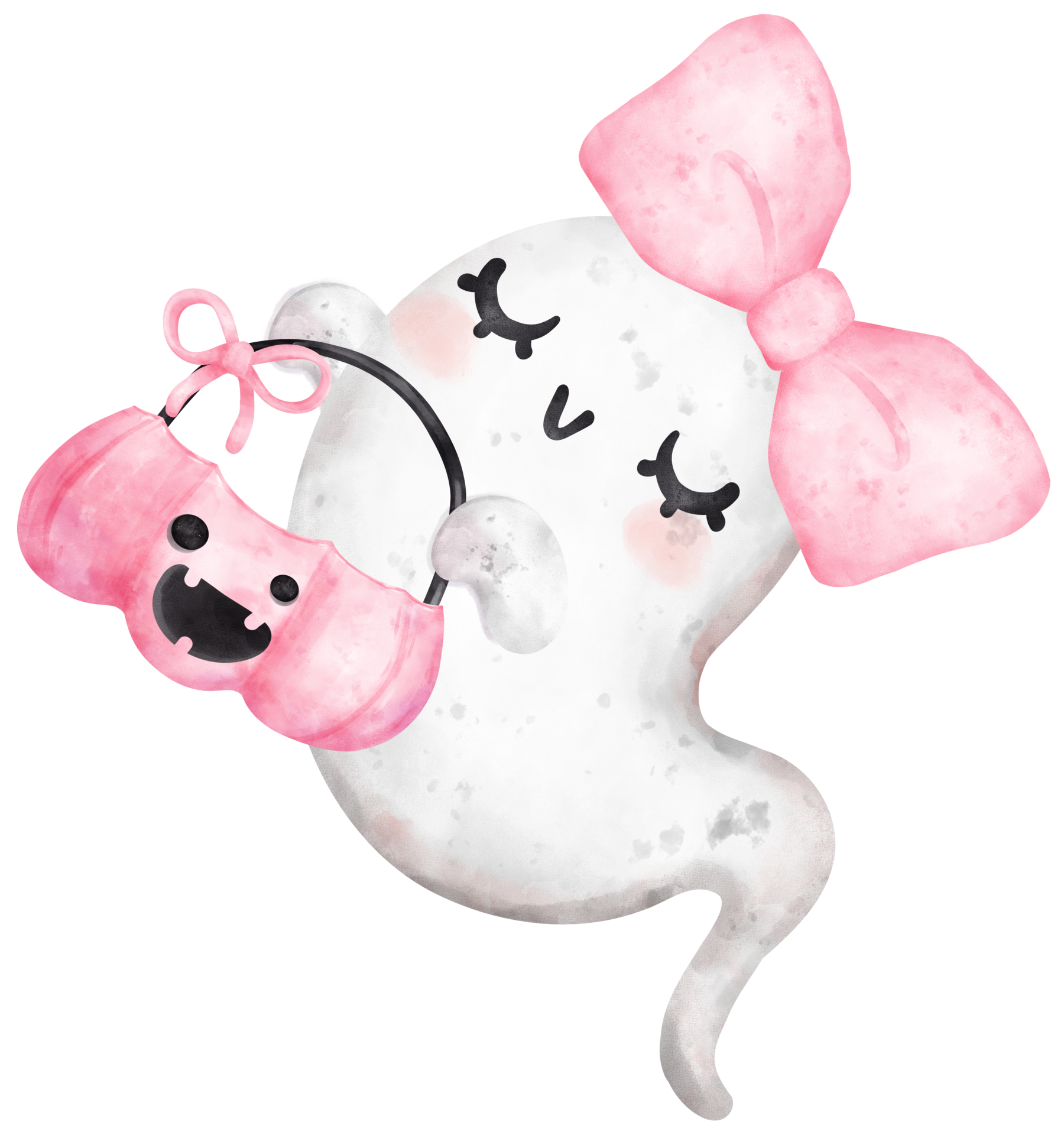Cute Pink Ghost Halloween watercolor hand painted kawaii cartoon ...