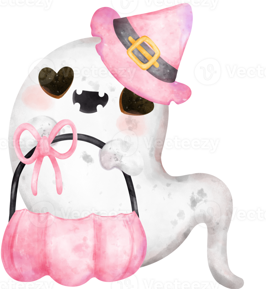 Cute Pink Ghost Halloween watercolor hand painted kawaii cartoon ...