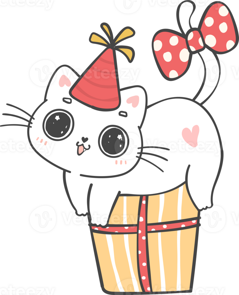 Cute Playful Happy Birthday Cat Kitten Celebrating Party Cartoon Doodle Hand Drawing 23869919 Png
