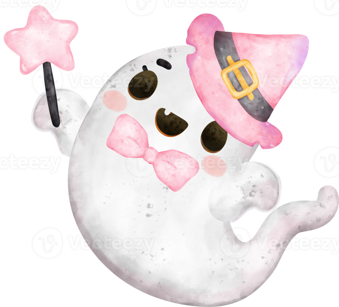 Cute Pink Ghost Halloween watercolor hand painted kawaii cartoon ...