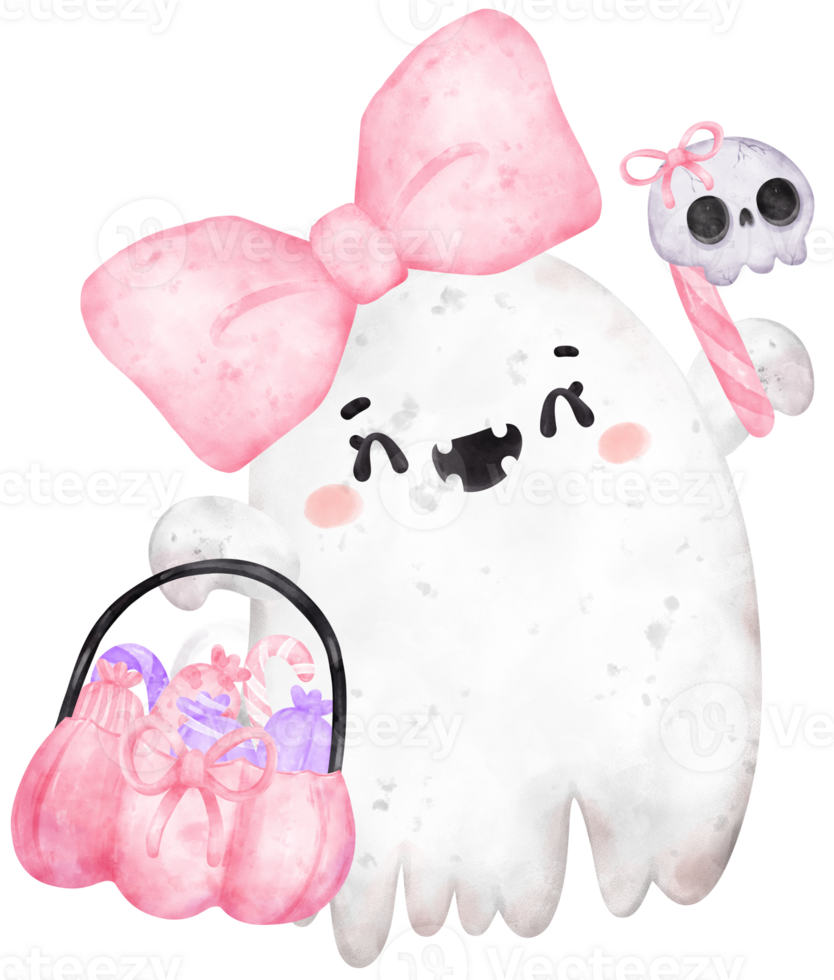 Cute Pink Ghost Halloween watercolor hand painted kawaii cartoon ...