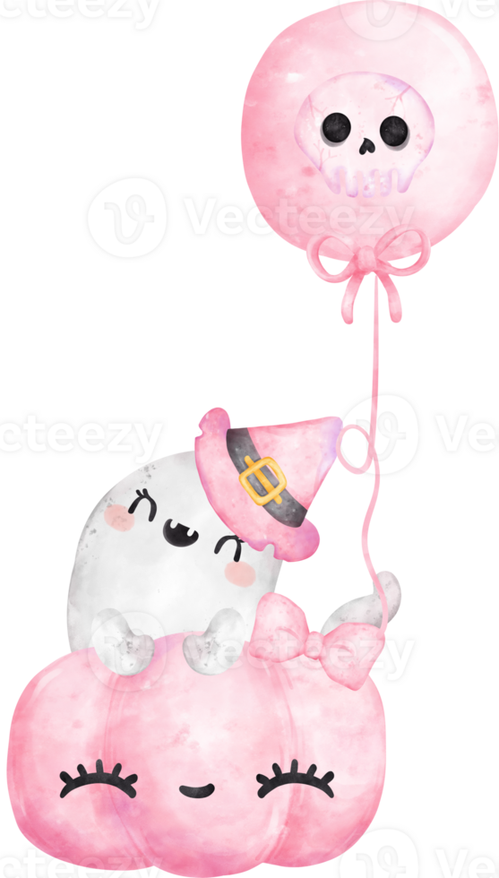 Cute Pink Ghost Halloween watercolor hand painted kawaii cartoon ...