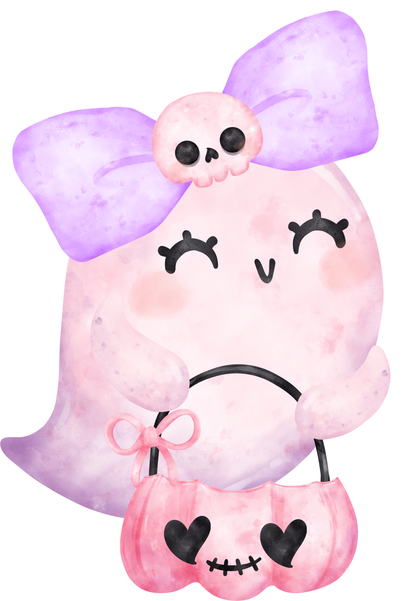 Cute Pink Ghost Halloween watercolor hand painted kawaii cartoon ...
