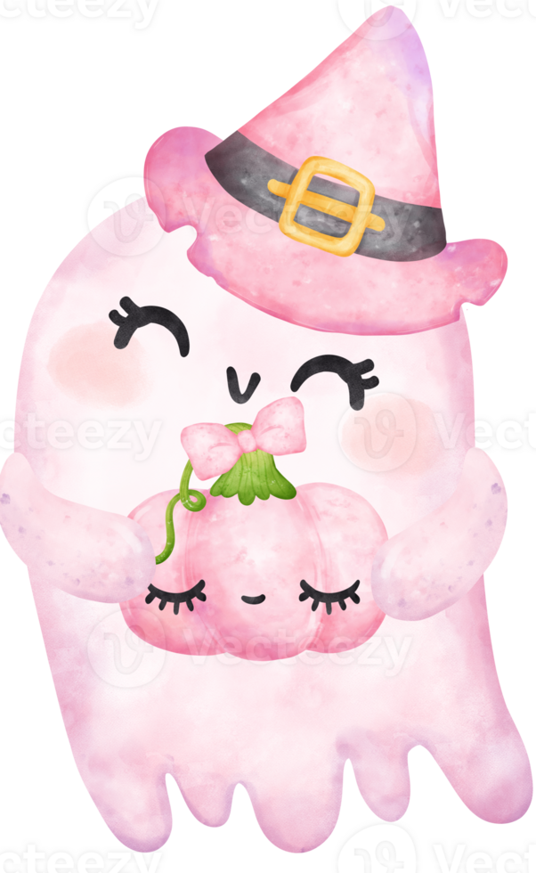 Cute Pink Ghost Halloween watercolor hand painted kawaii cartoon ...