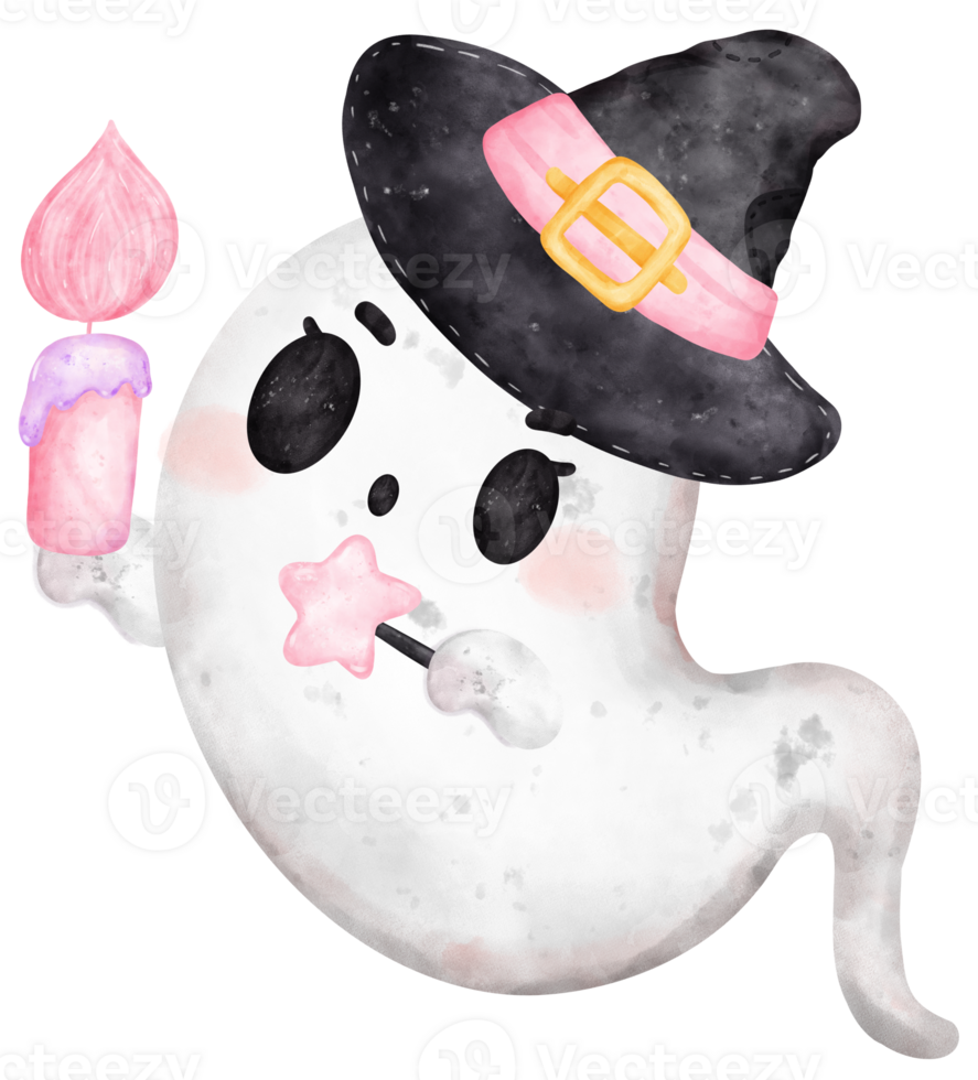 Cute Pink Ghost Halloween watercolor hand painted kawaii cartoon ...
