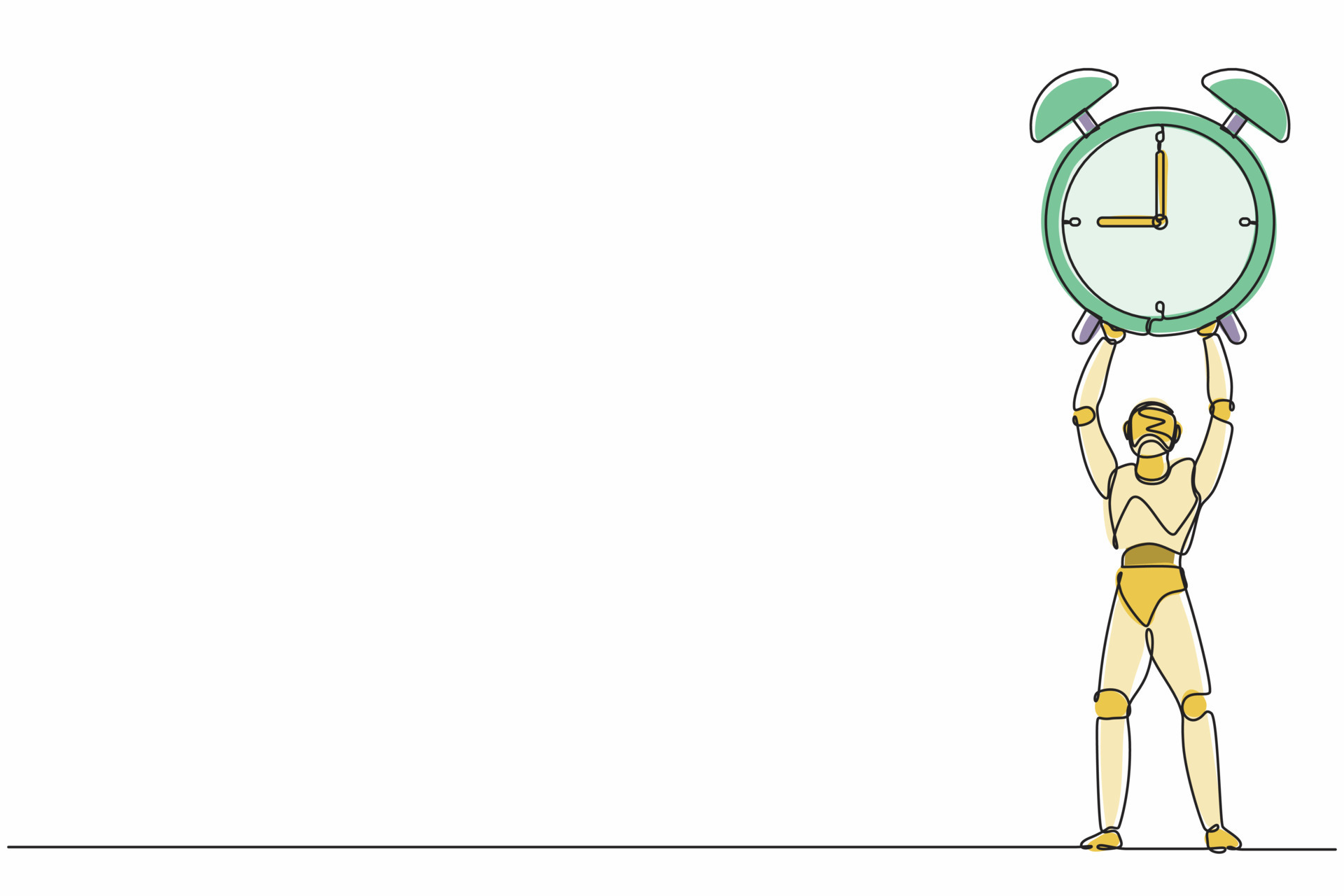Single Continuous Line Drawing Robots Lifting Up Big Alarm Clock